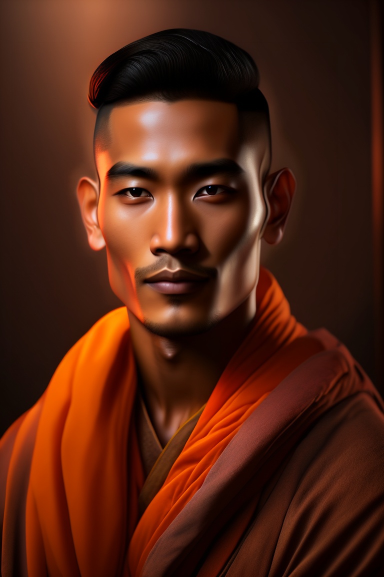 Lexica - 32yr old MONK looking at camera standing in dim light handsome ...