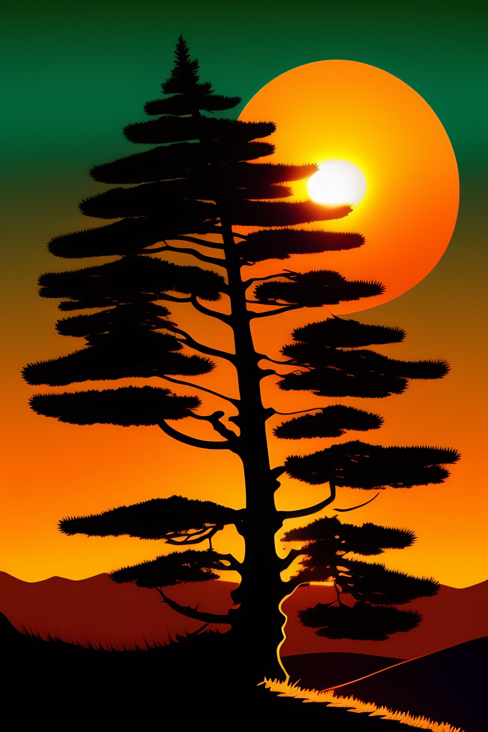 Lexica - Siluet of a fir tree with the sun setting in the background ...