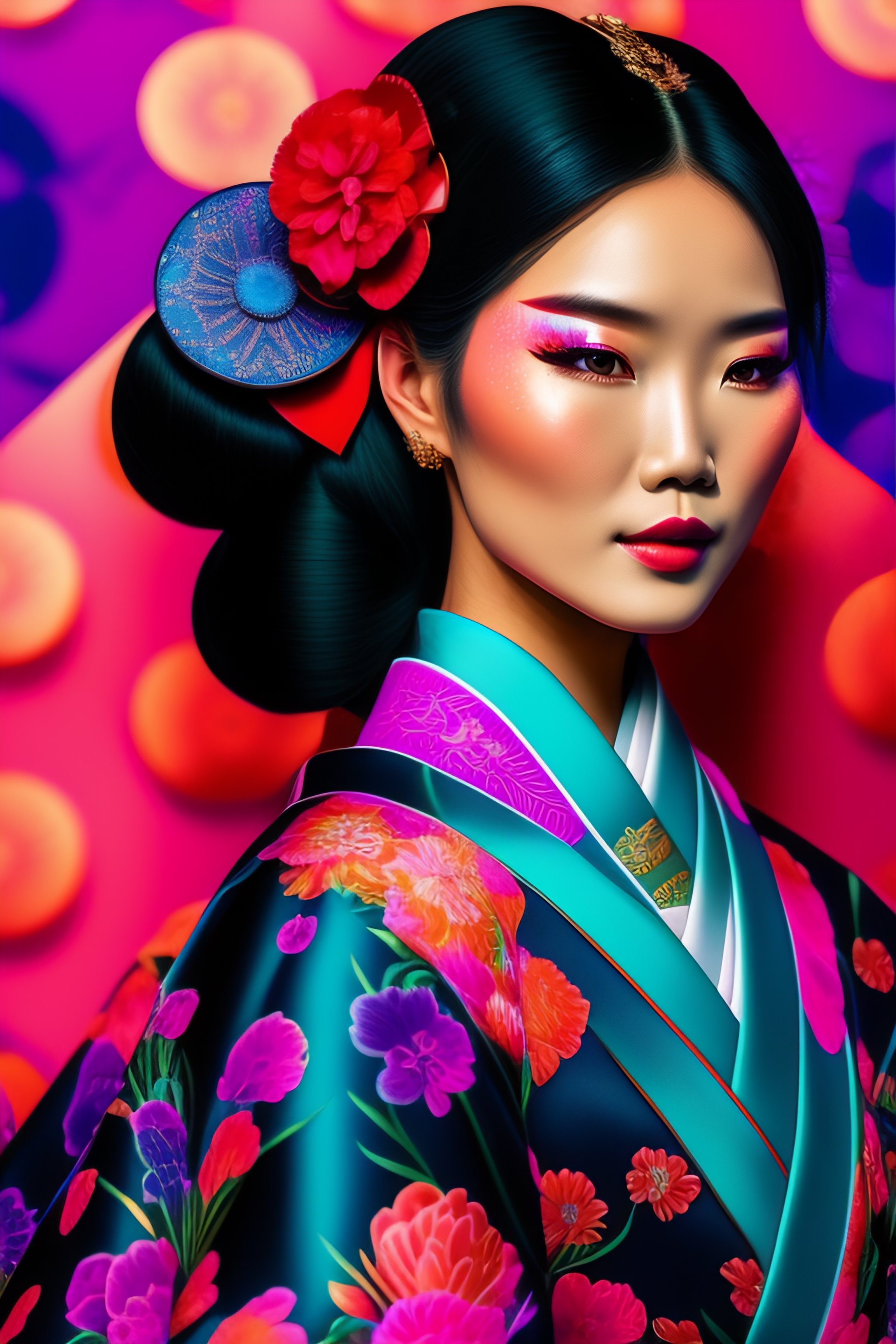 Lexica - Detailed kimono and geisha bow portrait, in ocular neon colors ...