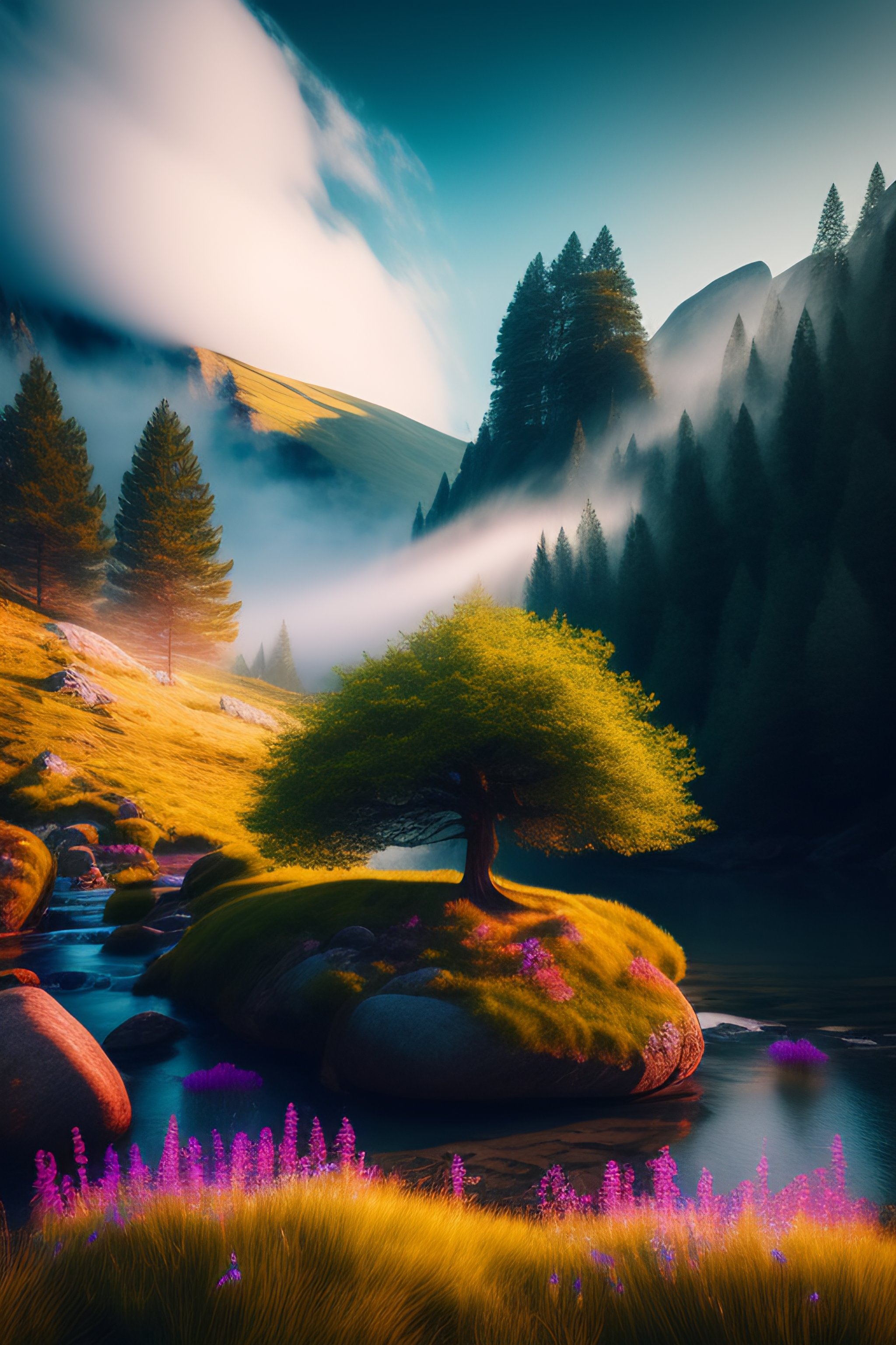 Lexica - A beautiful magical tree growing on top of a boulder beside a ...