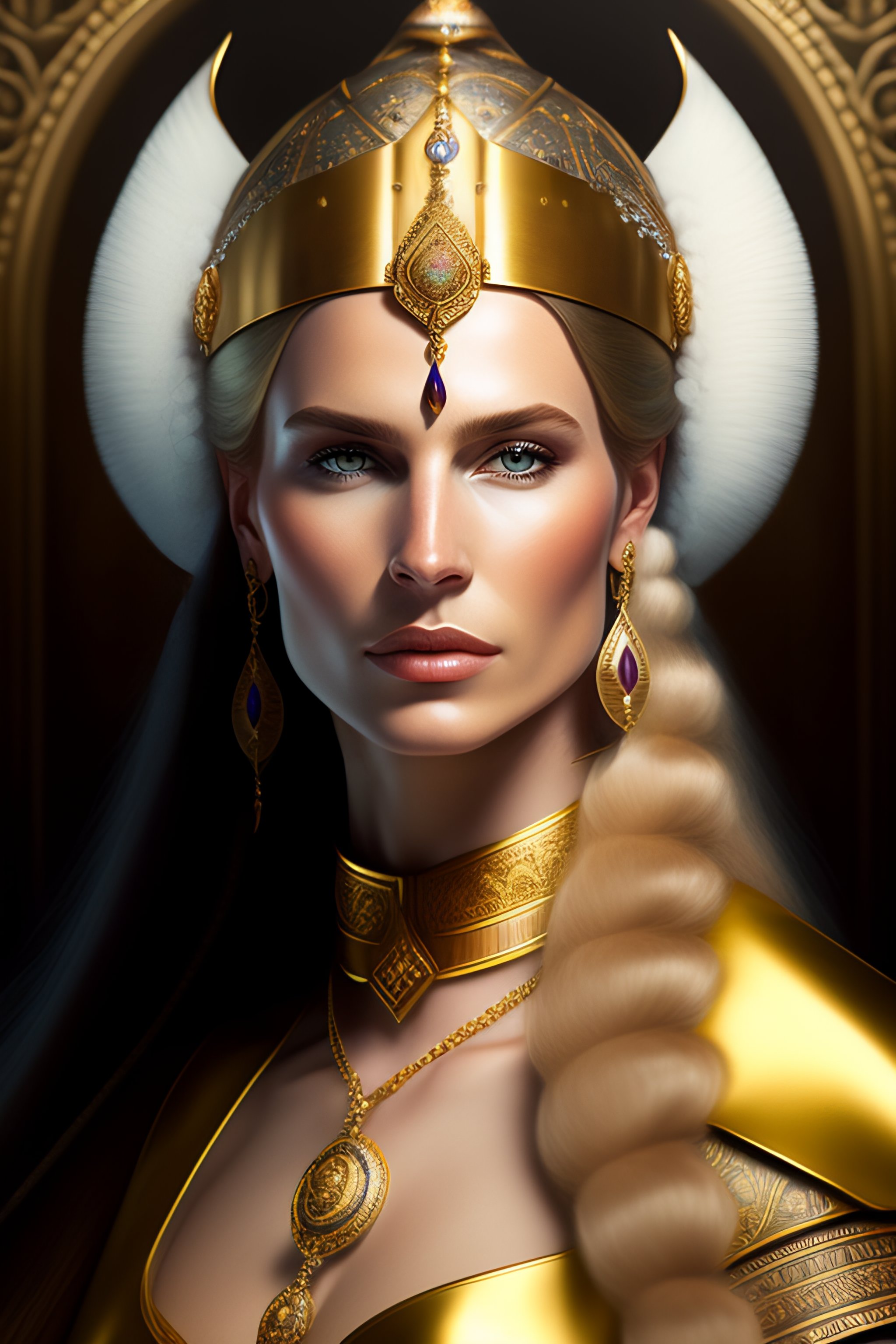 Lexica - Portrait of a white warrior queen with a long curved brown hair with a lot of golden ...