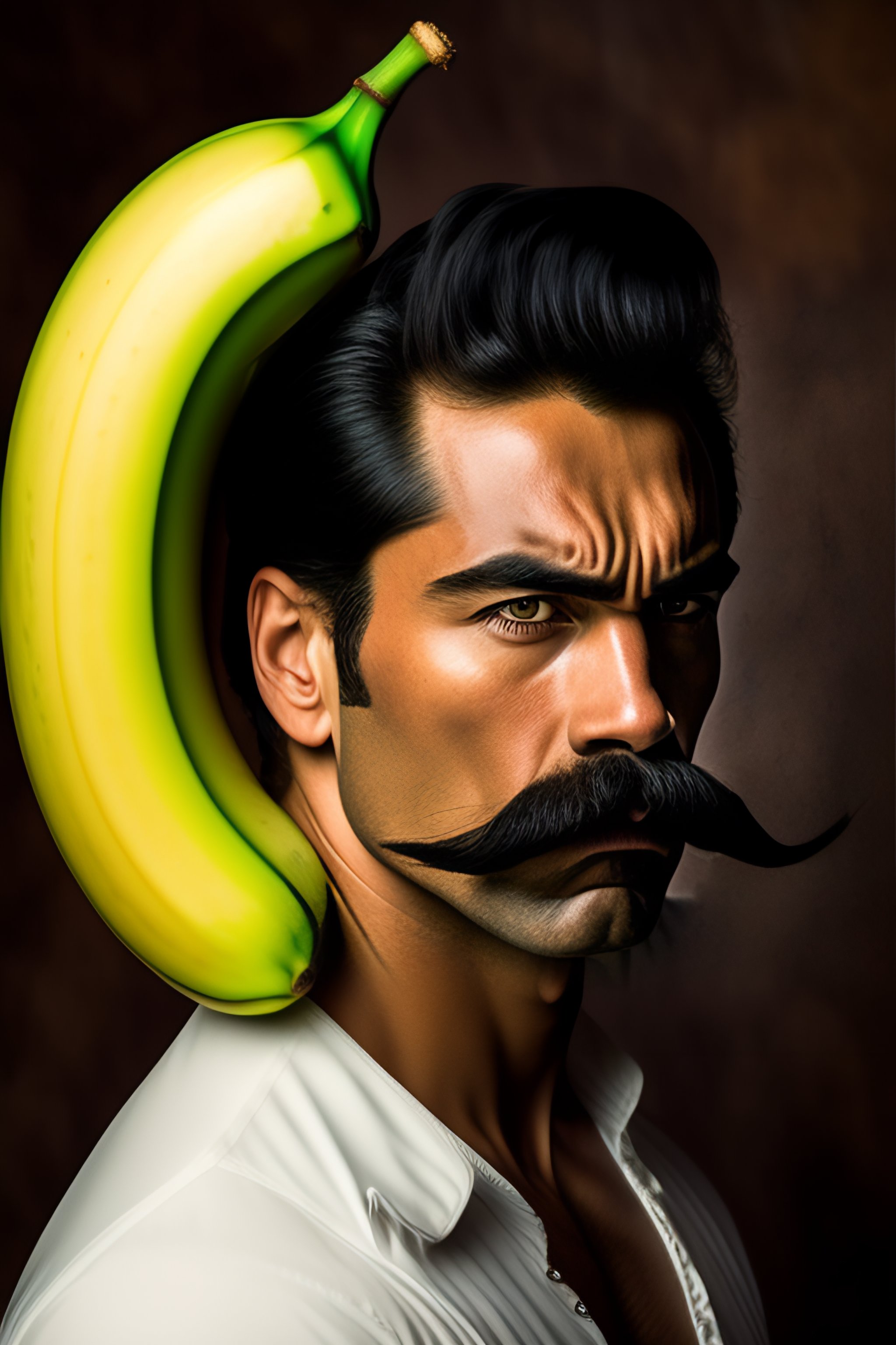 Lexica - Portrait of a man with a mustache looking angry at a banana
