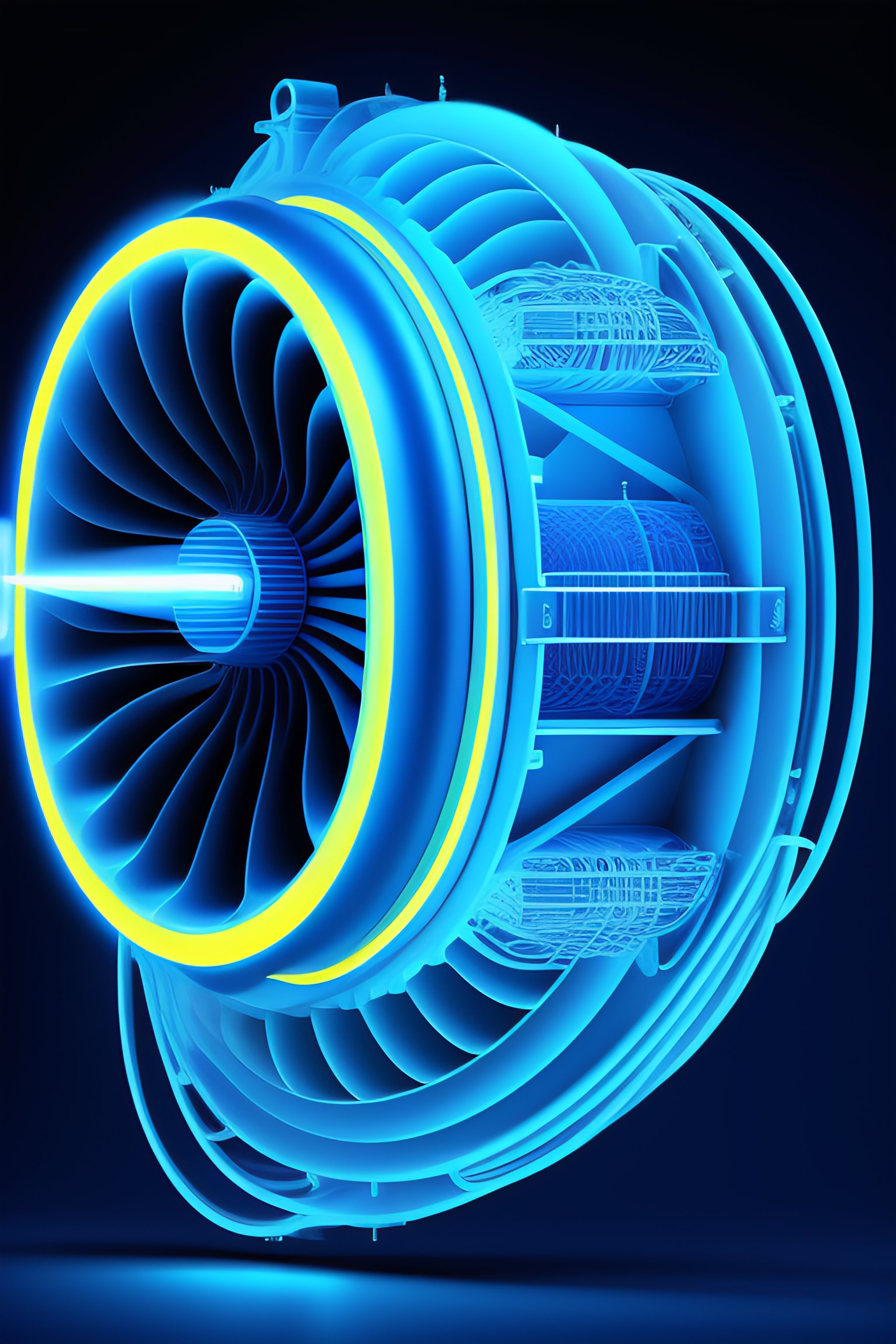 Lexica - Technical illustration: jet engine, wireframe, neon blue on black