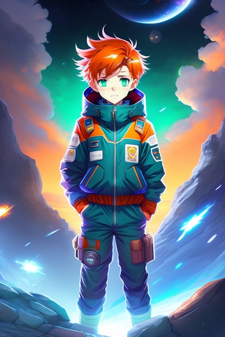 Lexica - Cute anime boy, wearing a blue space suit, emerald green eyes ...