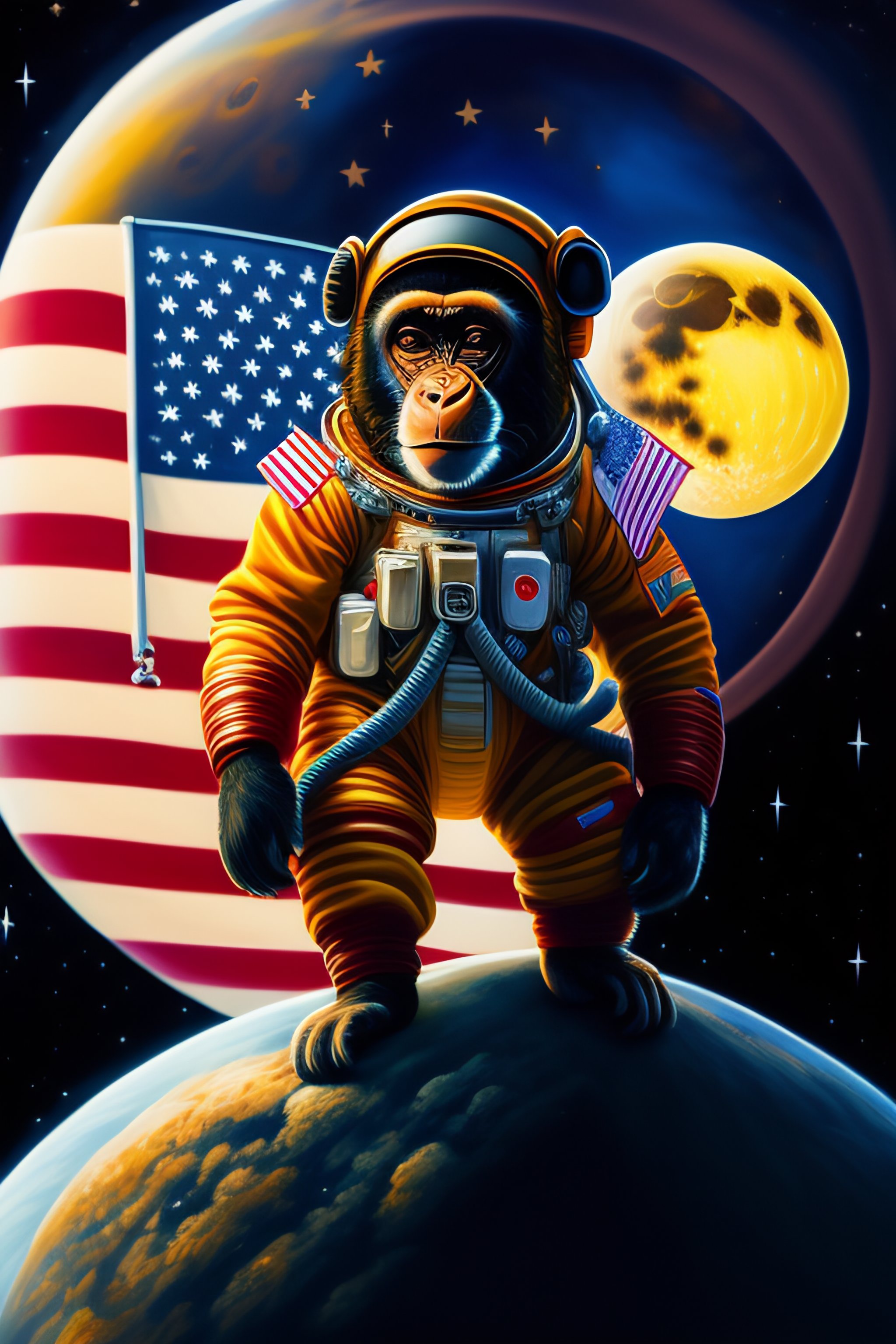 Lexica - A painting of a monkey in a cosmonaut suit on the moon ...