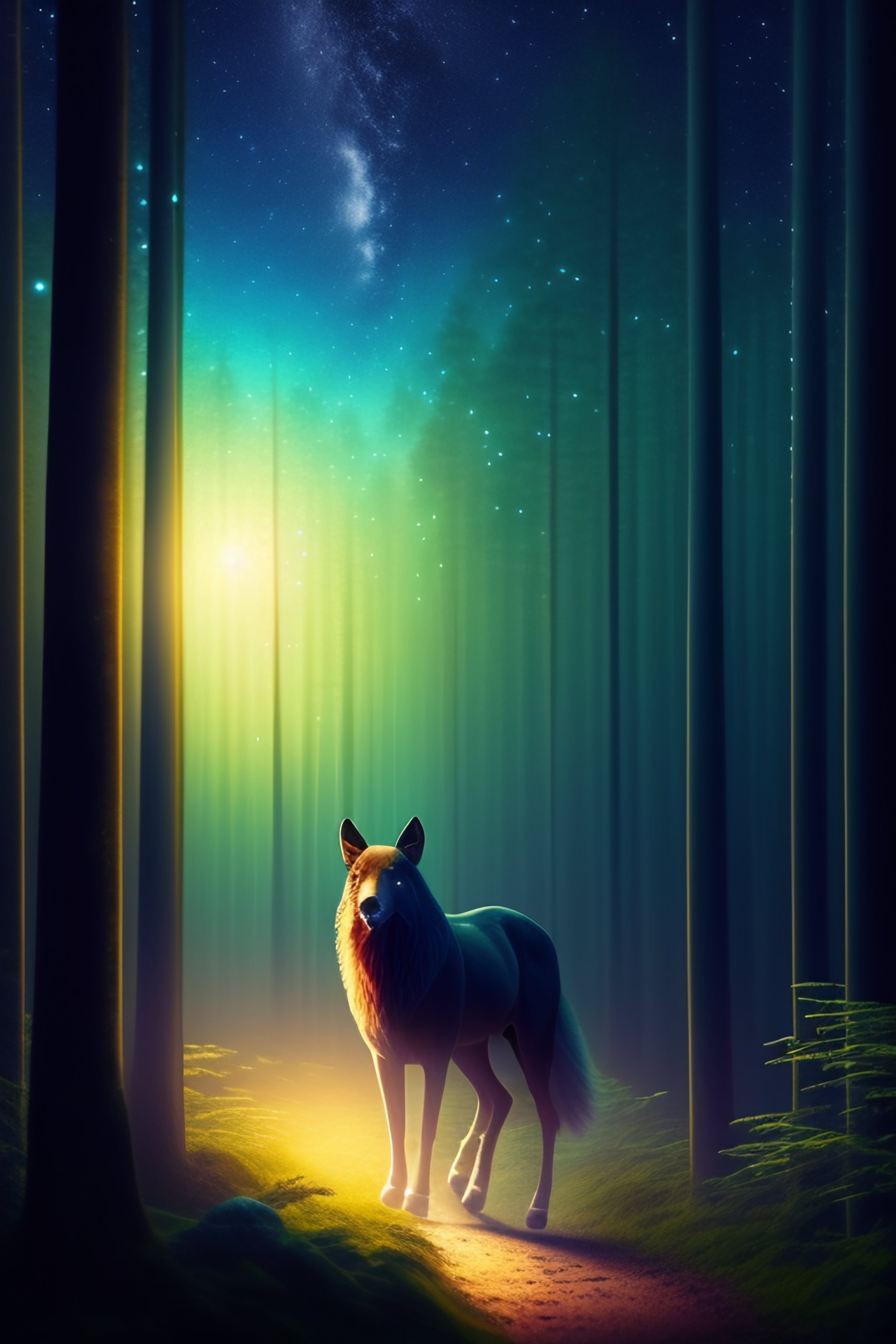 Lexica - Magical creature walks in a forest at night, stars are shining