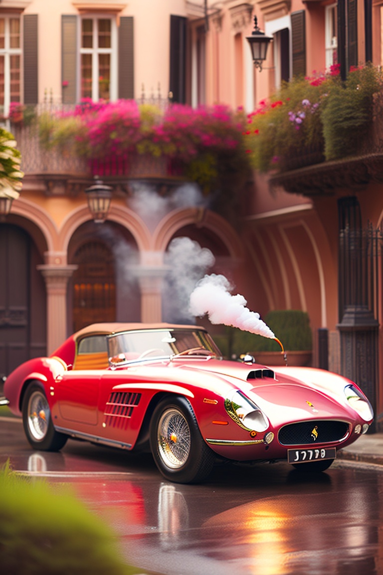 Lexica - Man smoking in the rain behind a classic Ferrari in the space ...