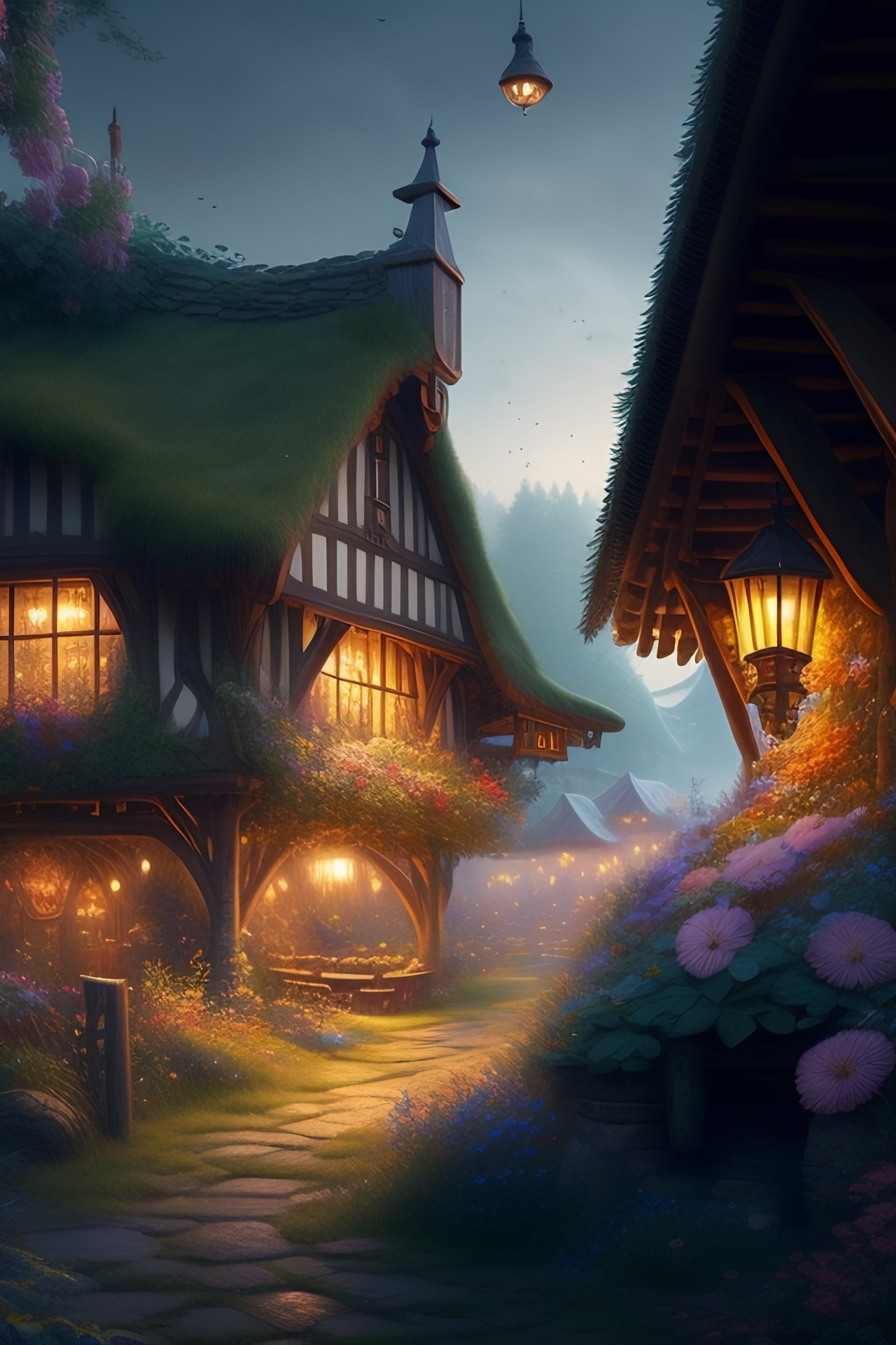 Lexica - Hobbit village, market, flowers, trees, crowded, peaceful ...