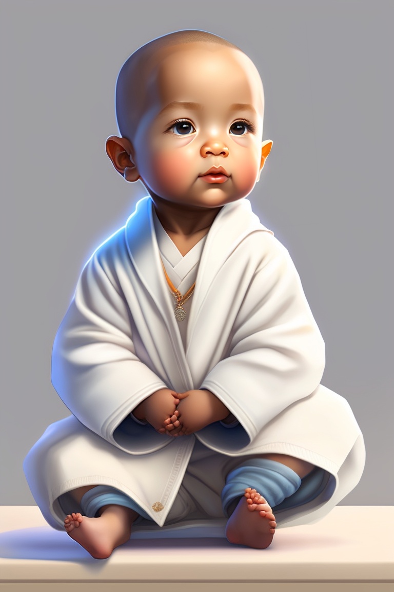 Lexica - A baby monk, sitting cross-legged, clasped palms silently ...