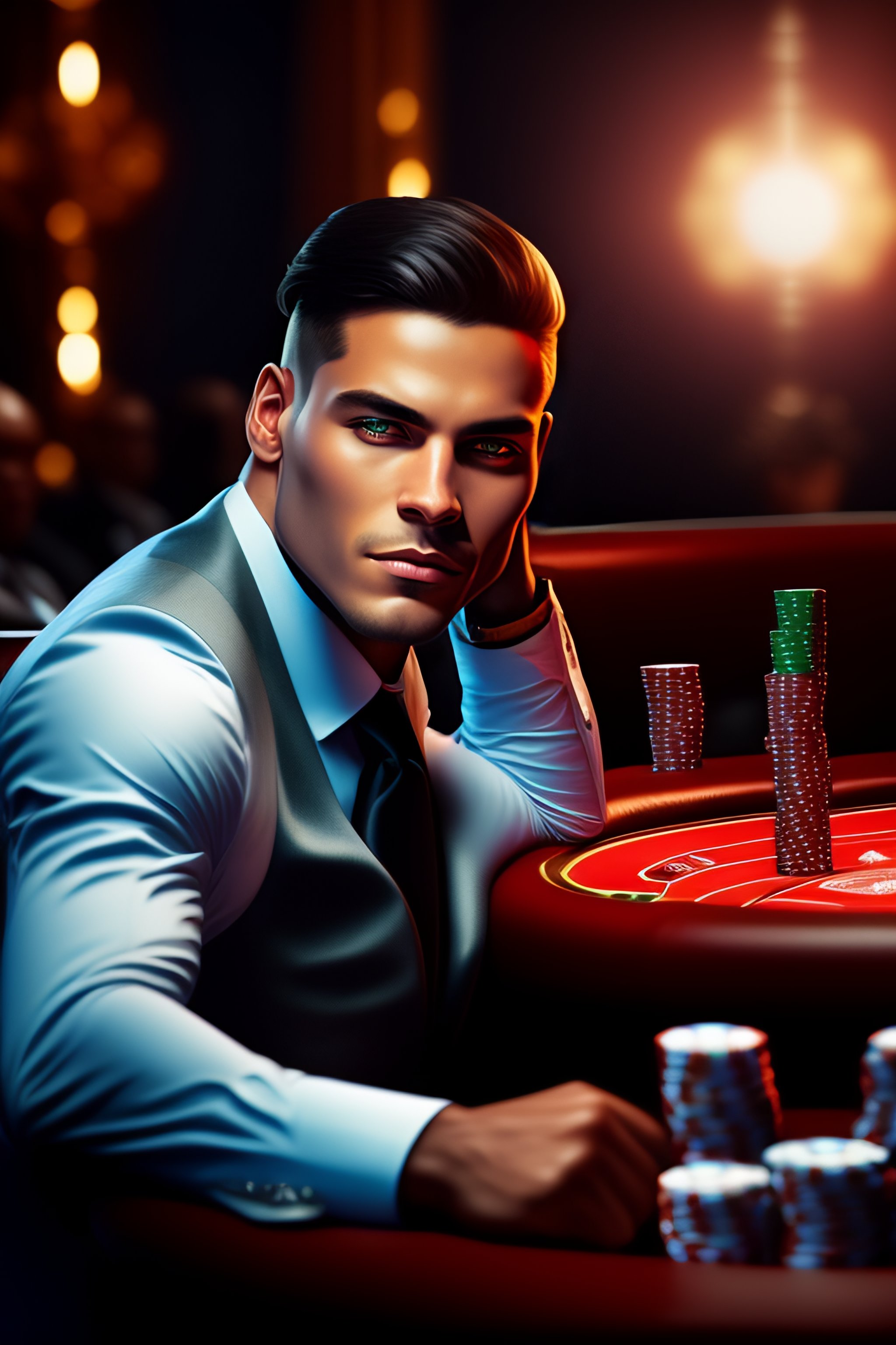 Lexica - Card dealer with cyborg eye At a poker table frontview ...