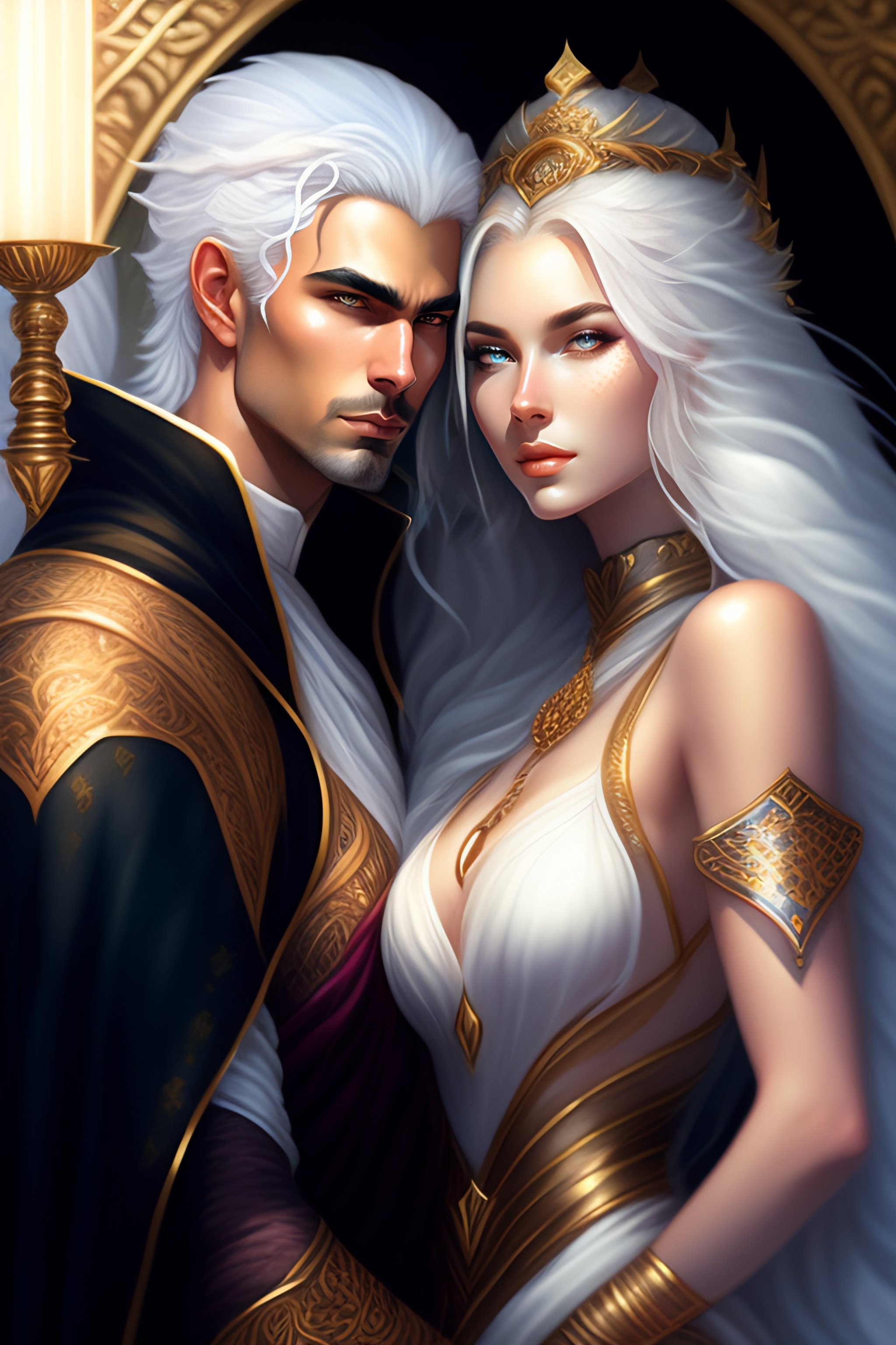 Lexica - Mage godess with white hair and mage god with black hair, pale skin, fantasy, in love ...