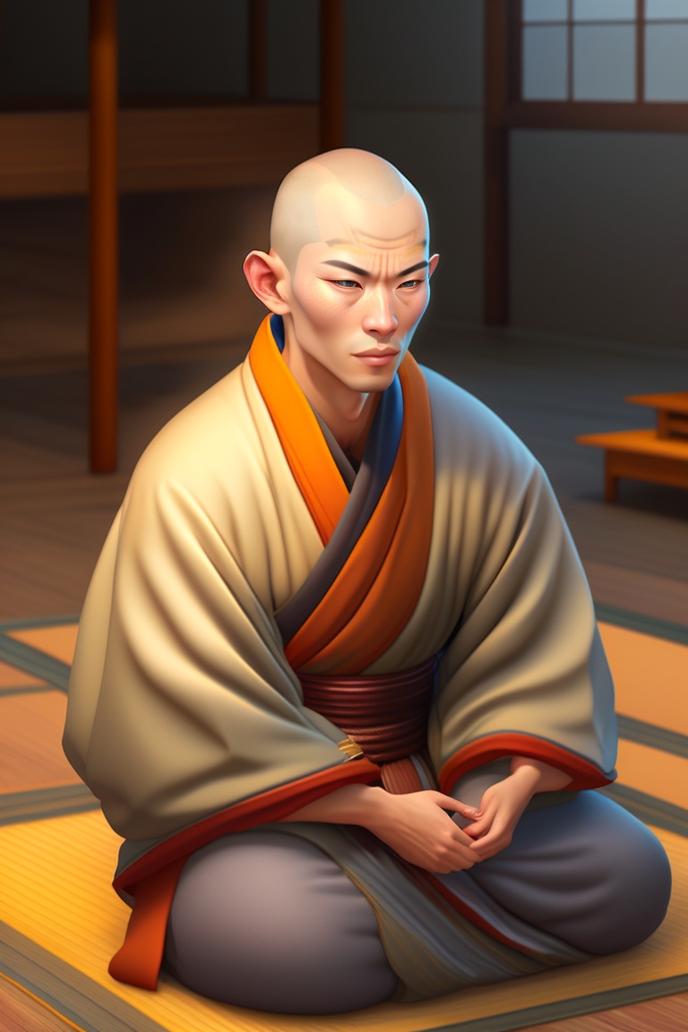Lexica - A Zen monk, with a shaved head, seated on tatami mats, in a ...