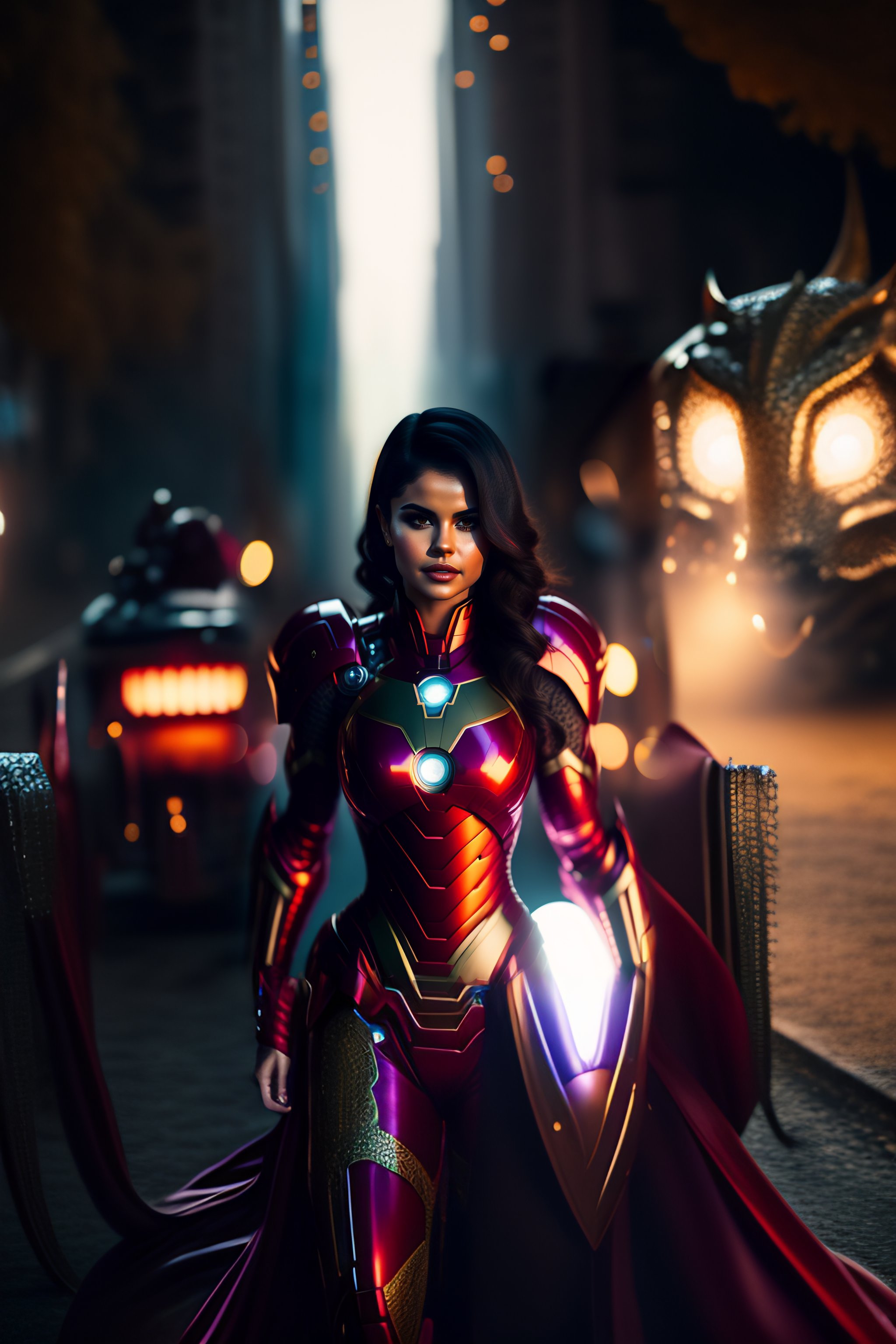 Lexica - Selena gomez as ironman riding a dragon, 8k, futuristic ...