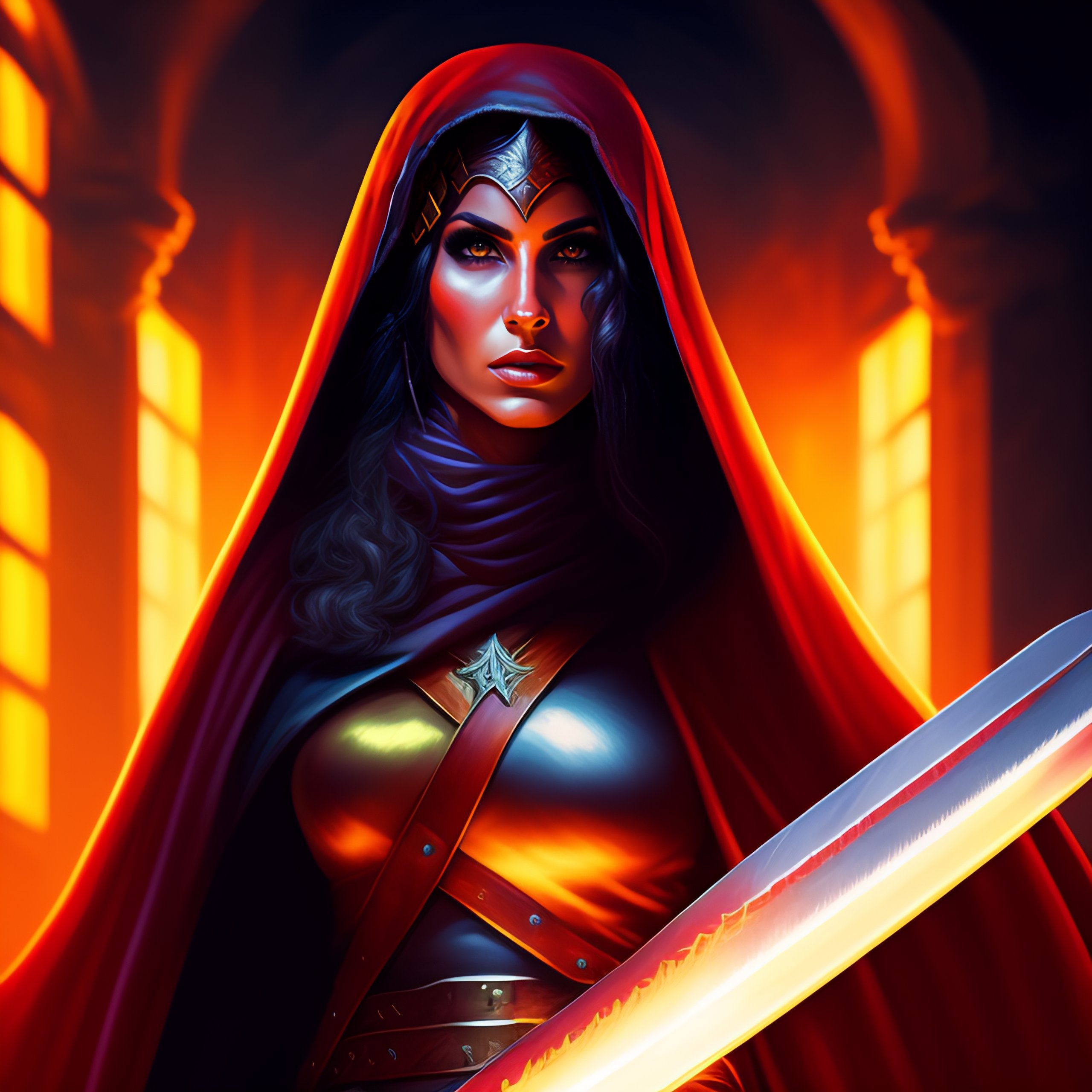 Lexica - Pixel art warrior woman, sword, cape, warm color palette, dark ...
