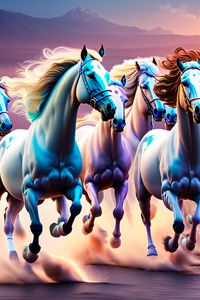 Lexica - Seven white mythical horses running, mythical colorful ...