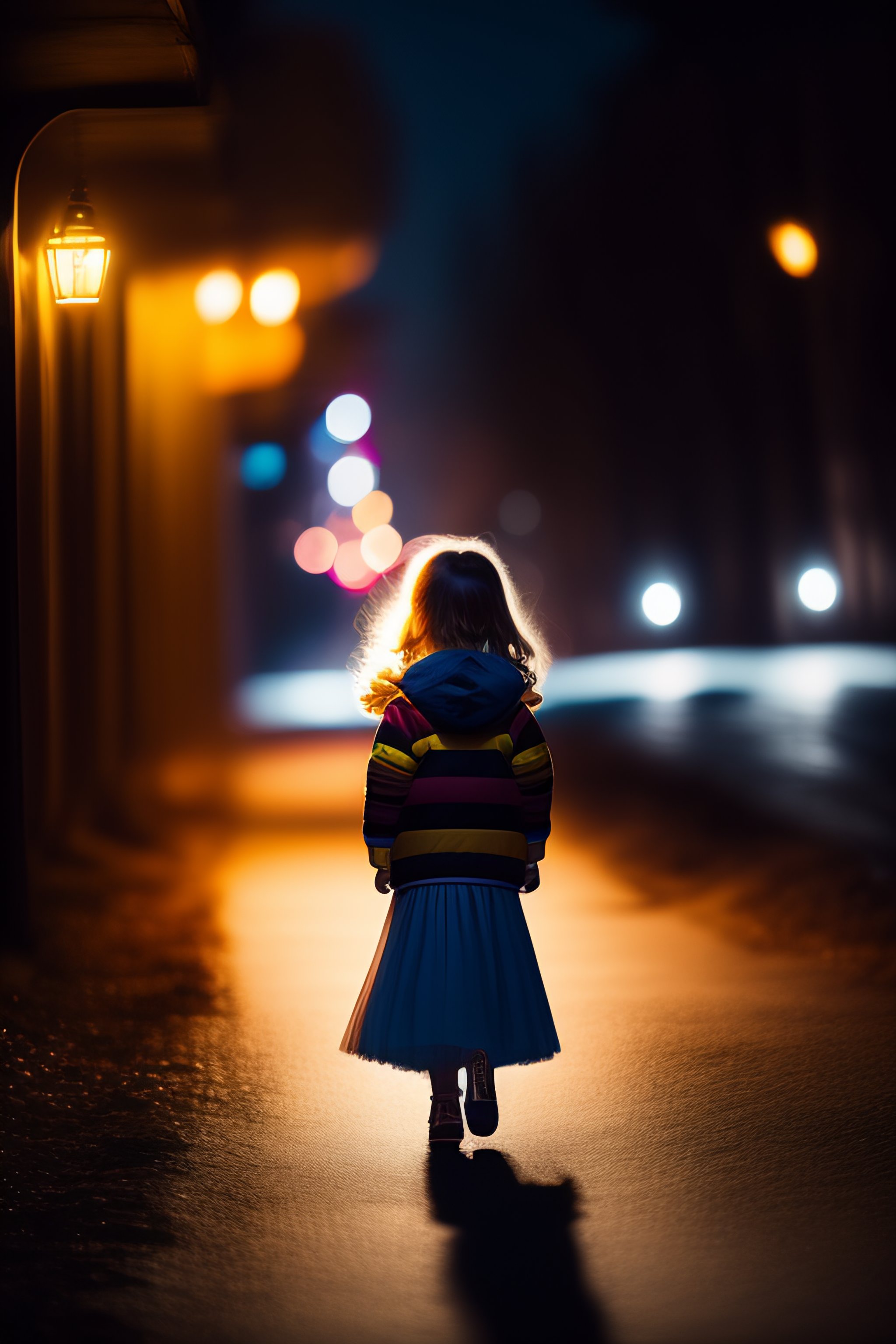 Lexica - In a dark night a little girl walks on the road