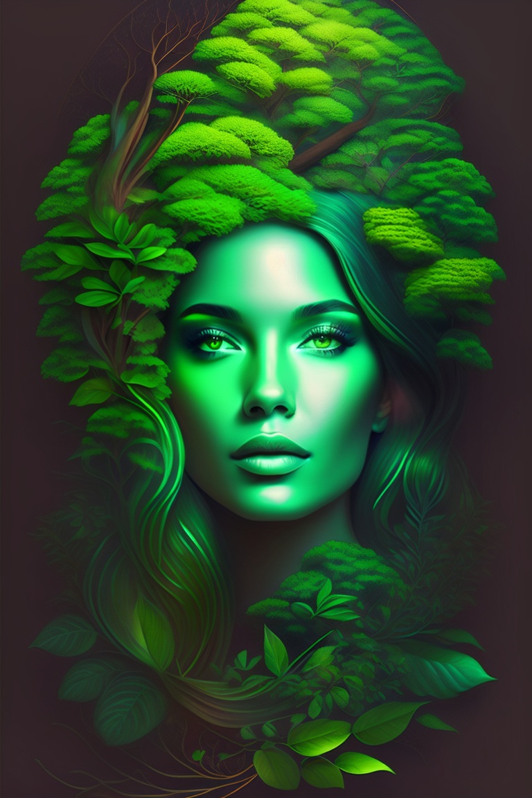 Lexica - A women face in center of tree ,glowing green eyes, dark green ...