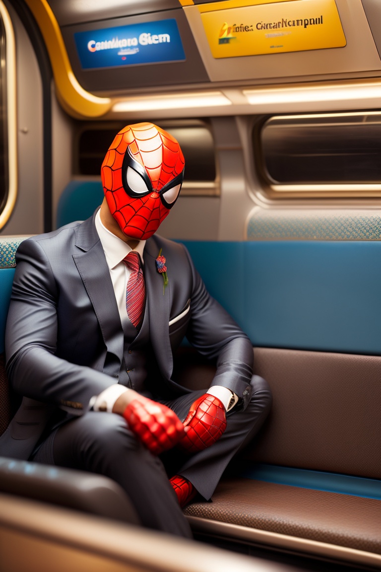 Lexica - Spiderman a business suit sitting in the London Underground ...