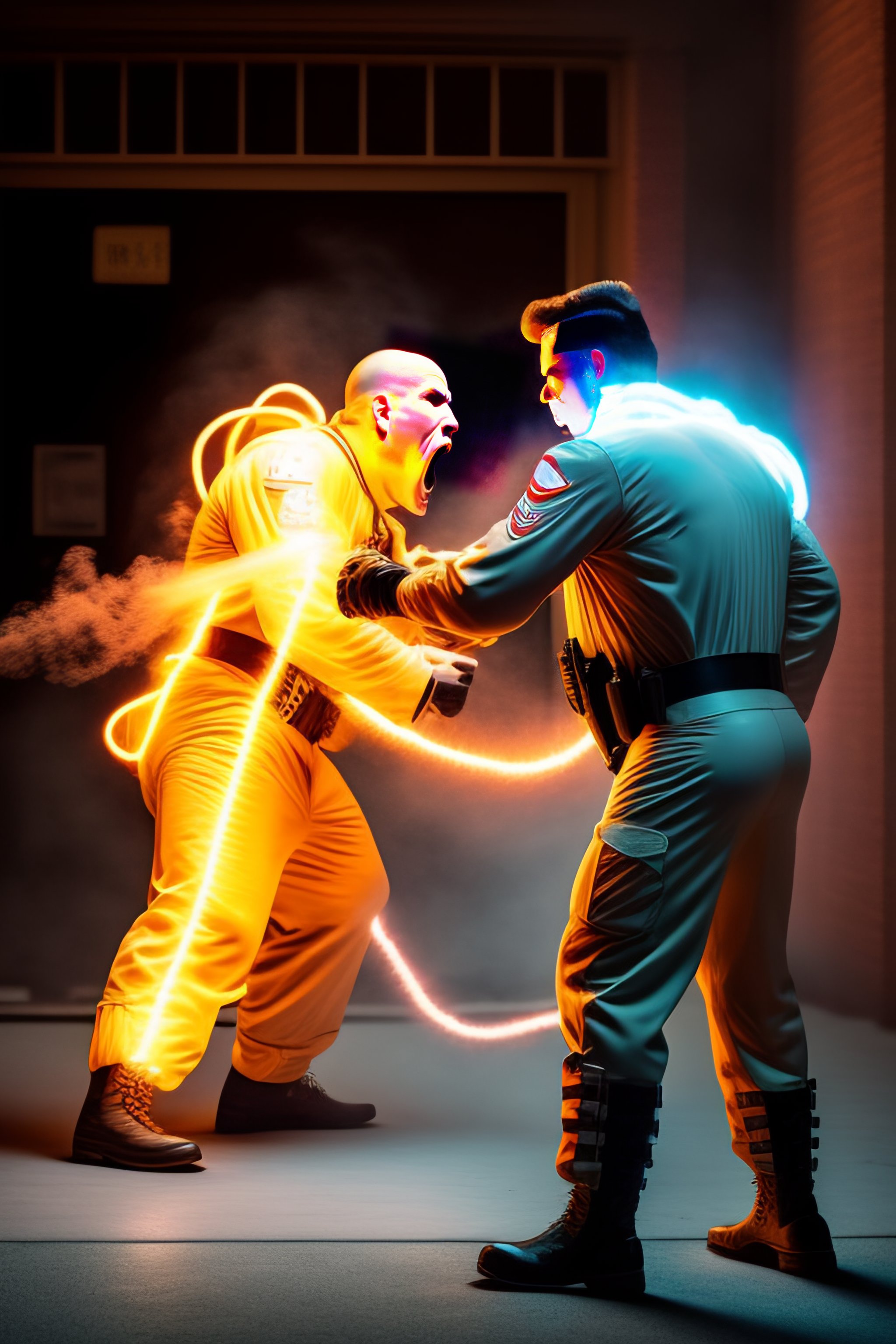 Lexica - Diagram of a ghost fighting a man in a ghostbusters outfit