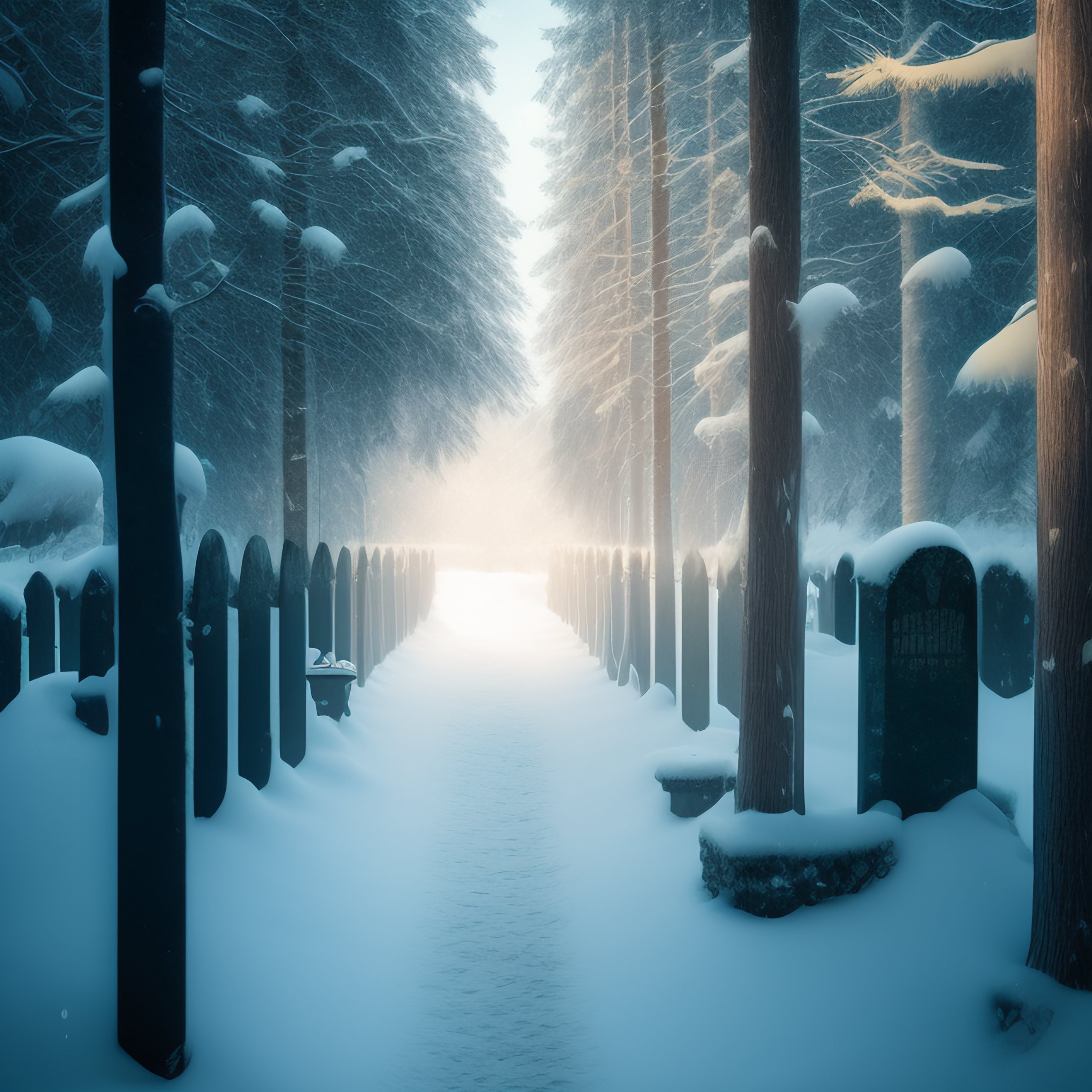 Lexica - A portrait of a cemetery, snow, winter, fov, trees without ...