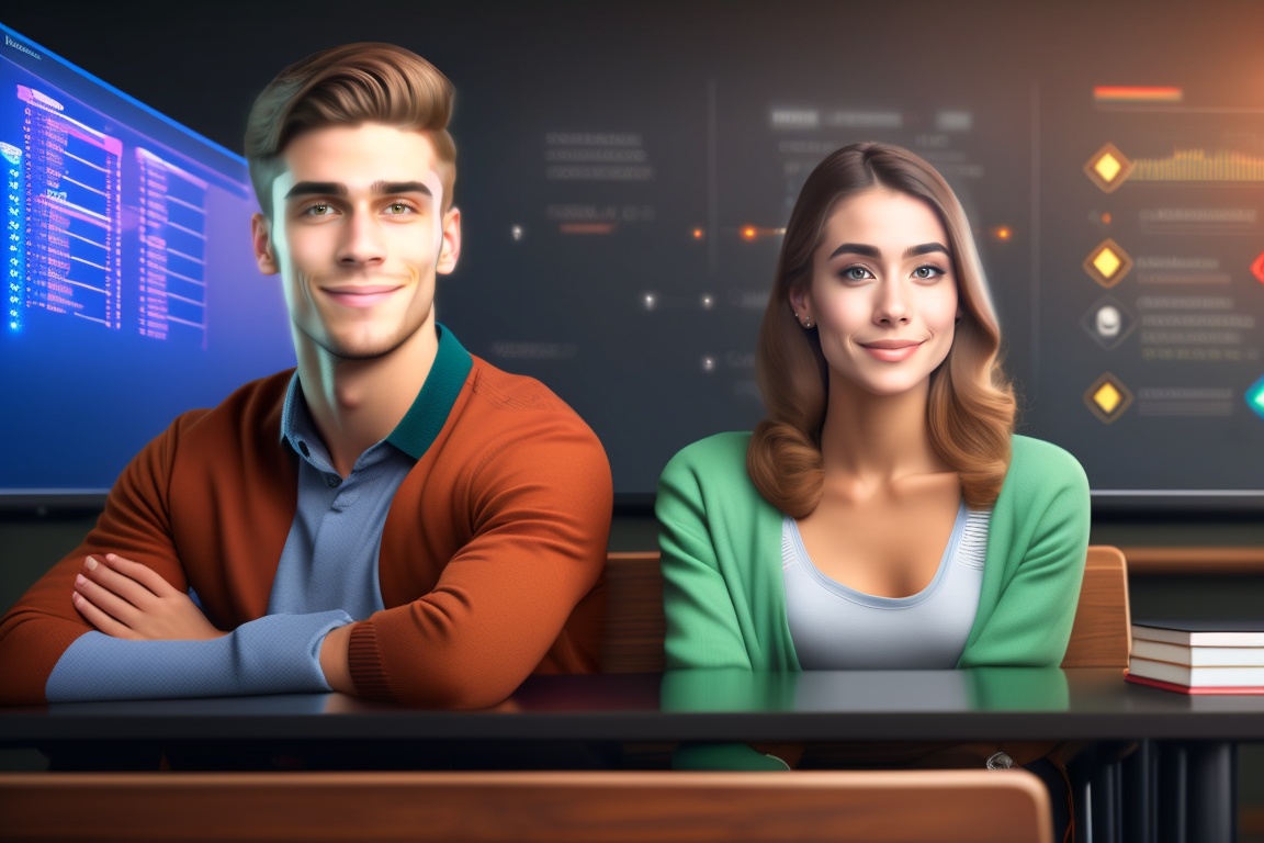 Lexica - Happy young student couple inside a classroom, with a ...