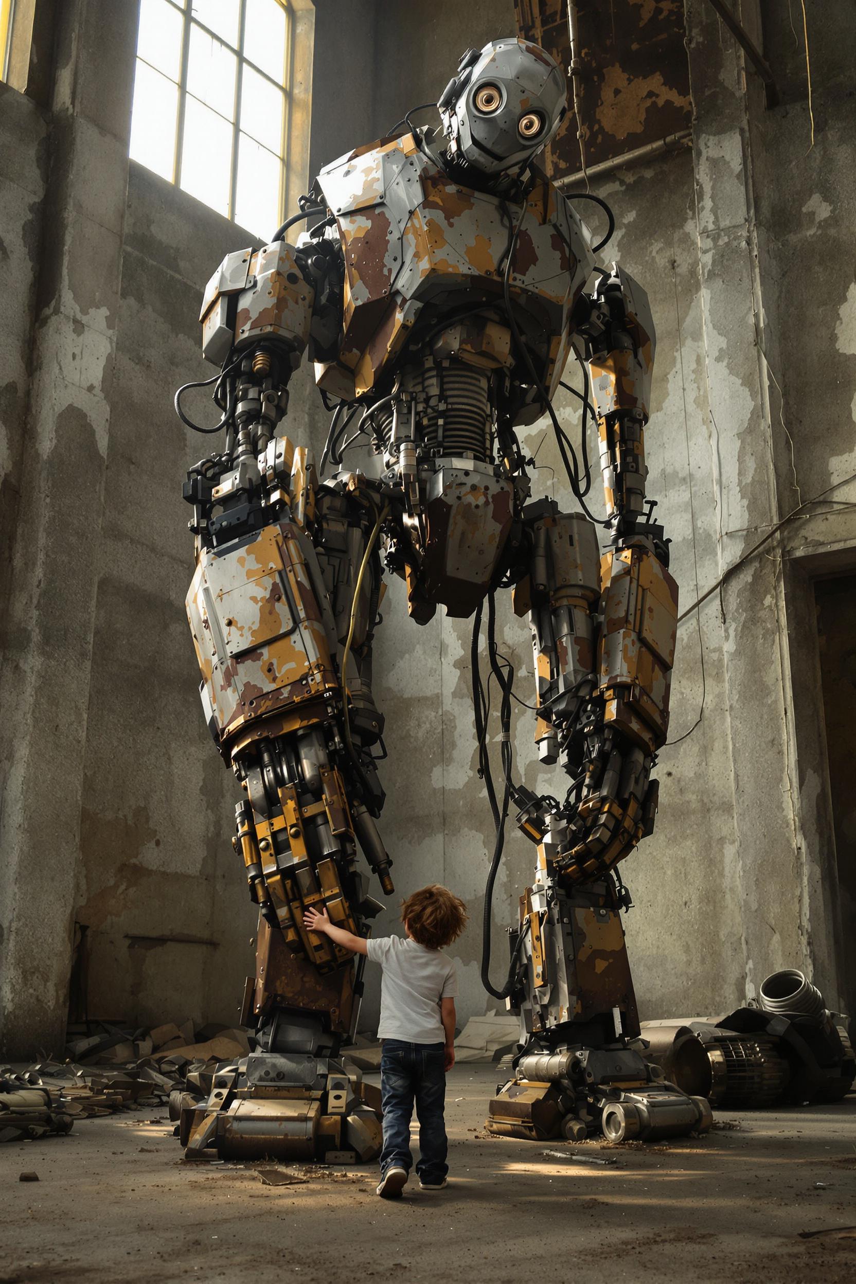 Lexica - 4-year-old boy, with a huge old and rusty robot, hugging. Dark ...
