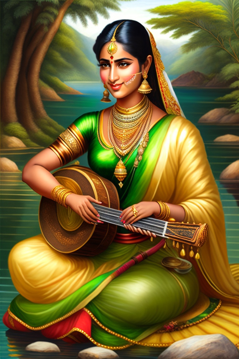 Lexica - A beautiful lady sitting in the banks of river, playing Veena ...