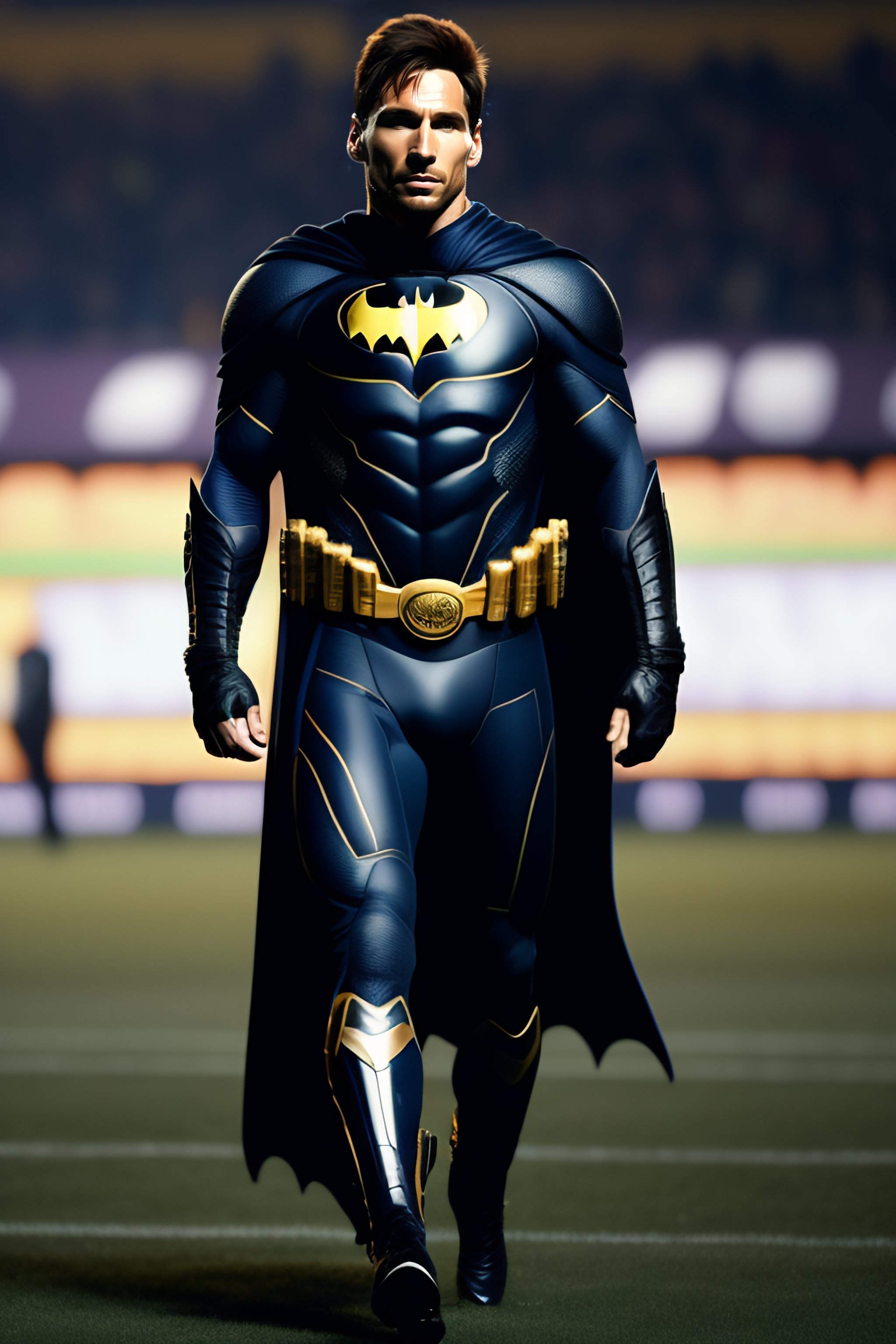 Lexica - Leo Messi as bruce wayne with batsuit in batman movie, full body