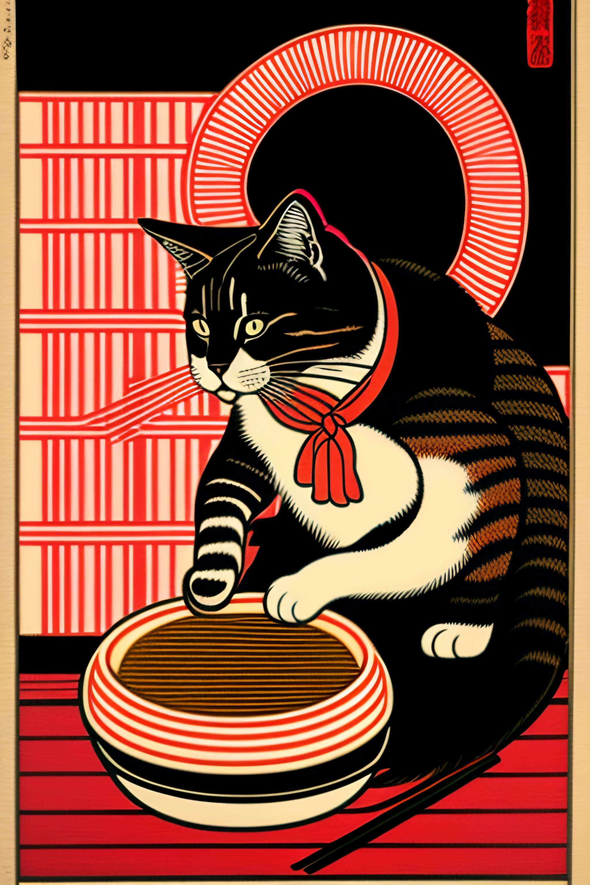 Lexica - Japanese woodcut of a cat eating noodles with chopsticks in a ...