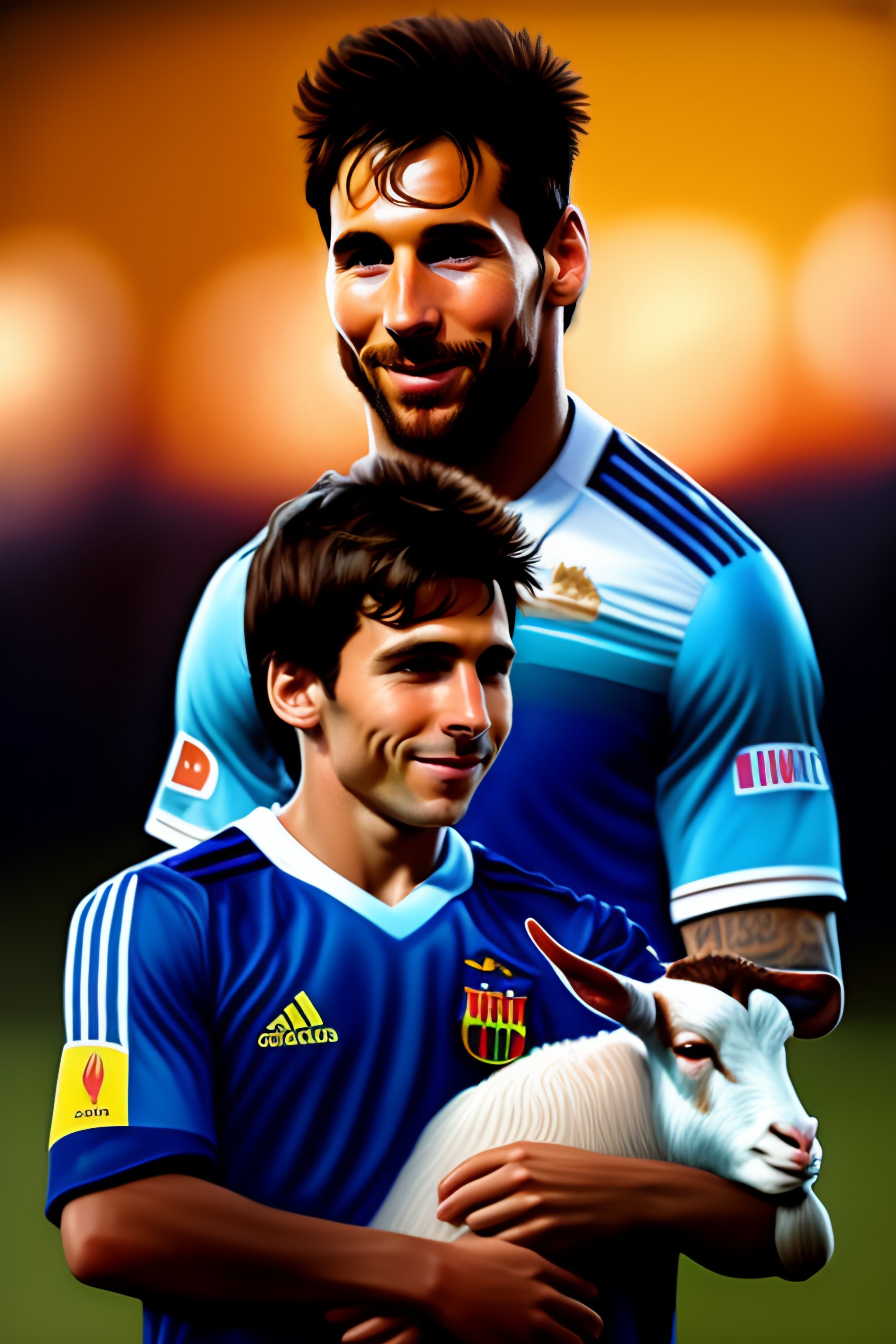 Lexica - Portrait of messi holding a goat with an argentinian shirt