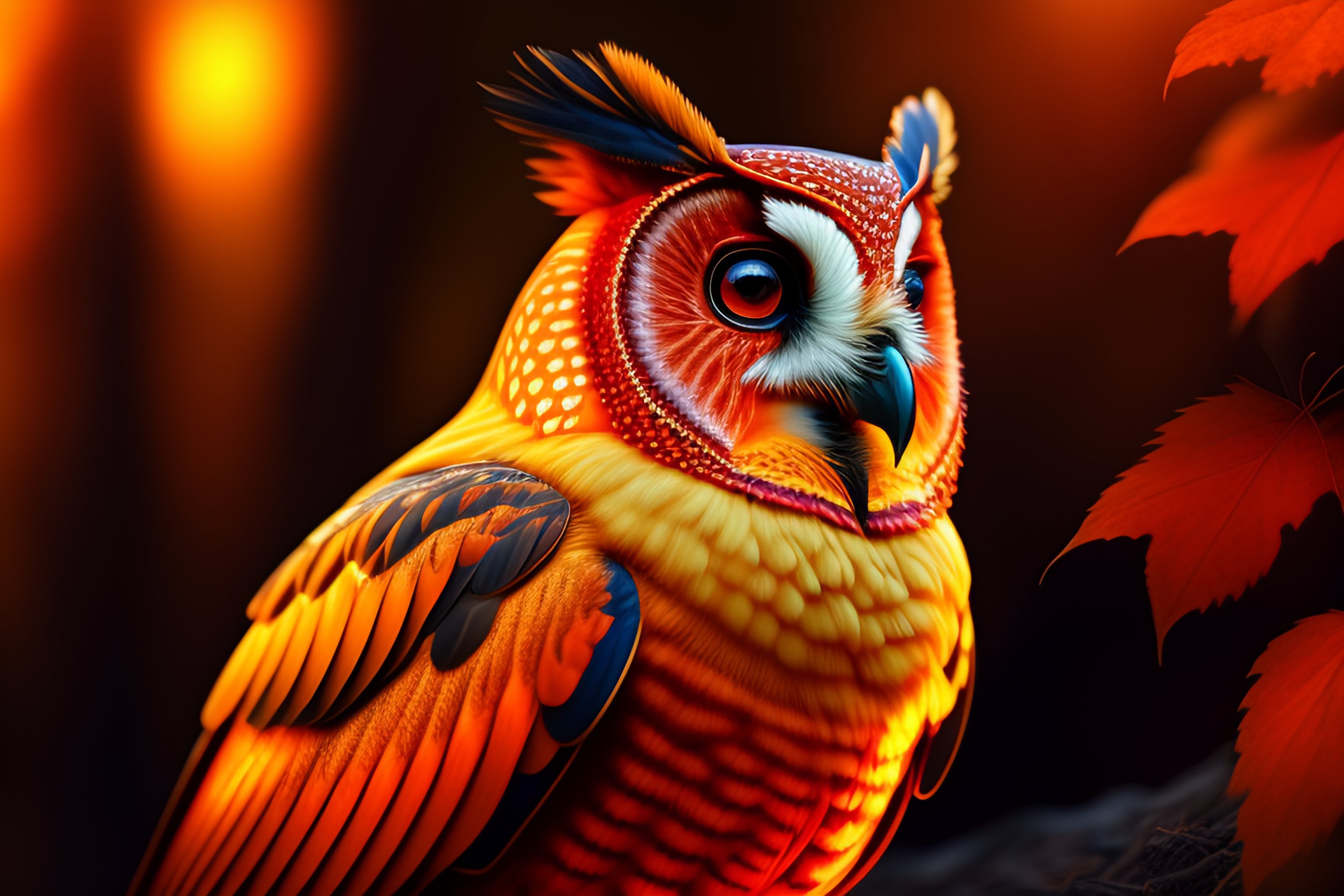 Lexica - Radiant red owl, glowing amber, autumn colours, highly ...