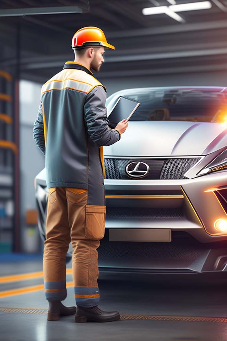 Lexica - A young mechanic wearing a uniformwith with a tablet is ...