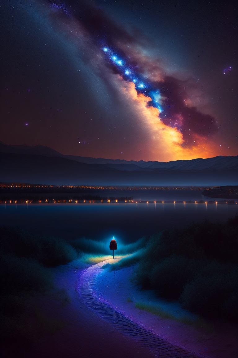 Lexica - A nightscape with bright stars and a person holding a lantern ...