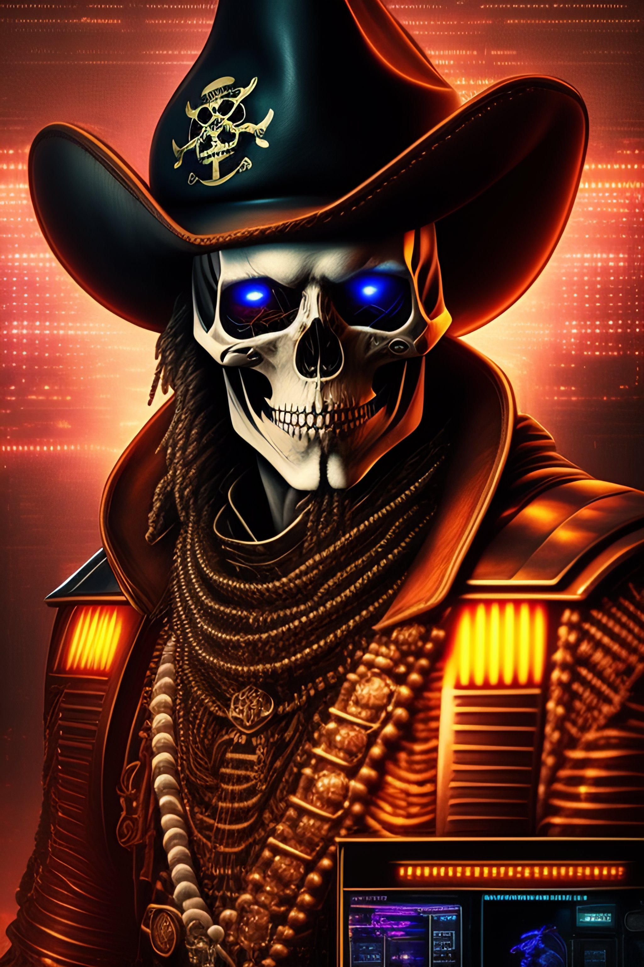 Lexica - A cyberpunk hacker pirate captain skeleton with a pirate hat ...