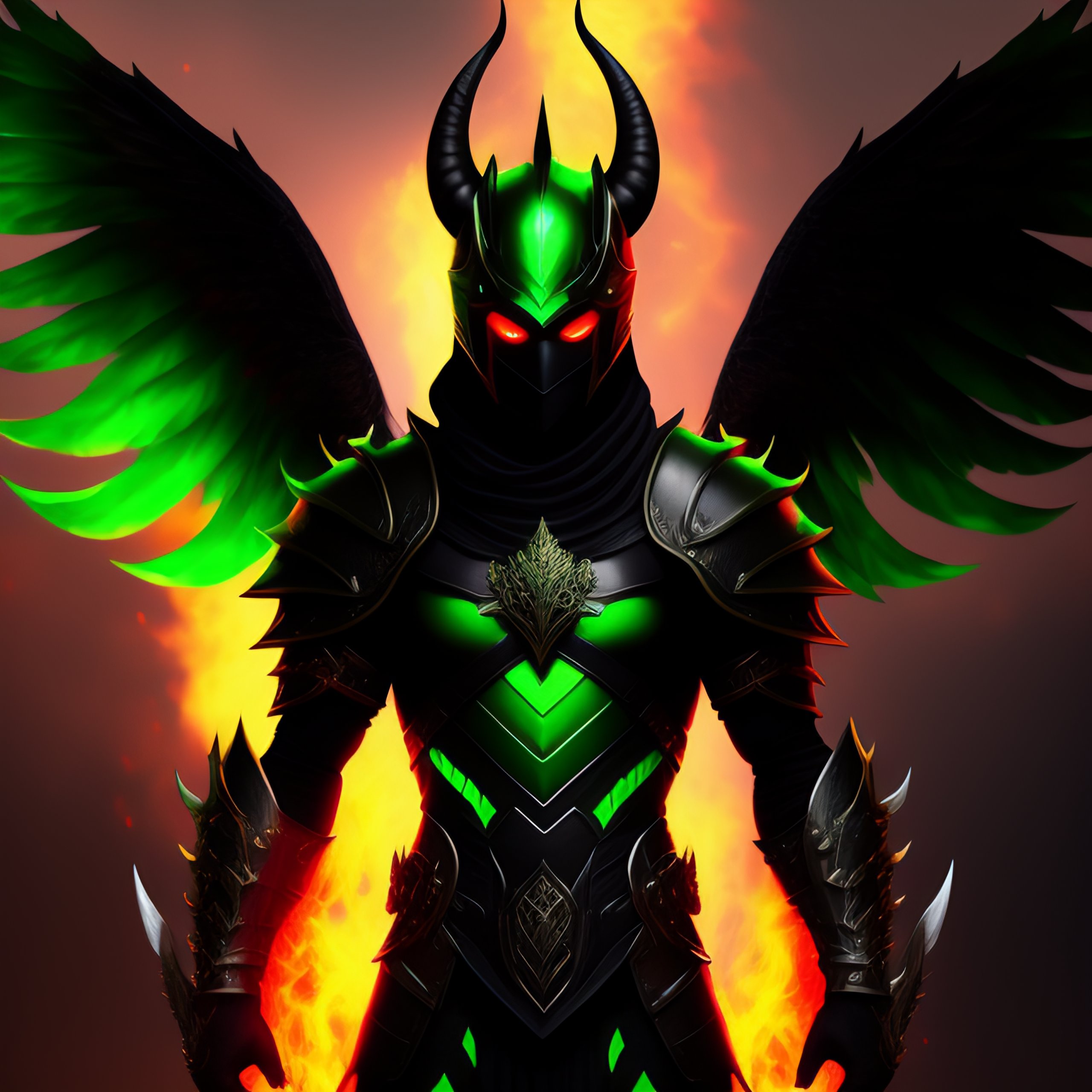 Lexica - Devil ninja, black wings, black armor, green fire background, fantasy, red eyes, full ...