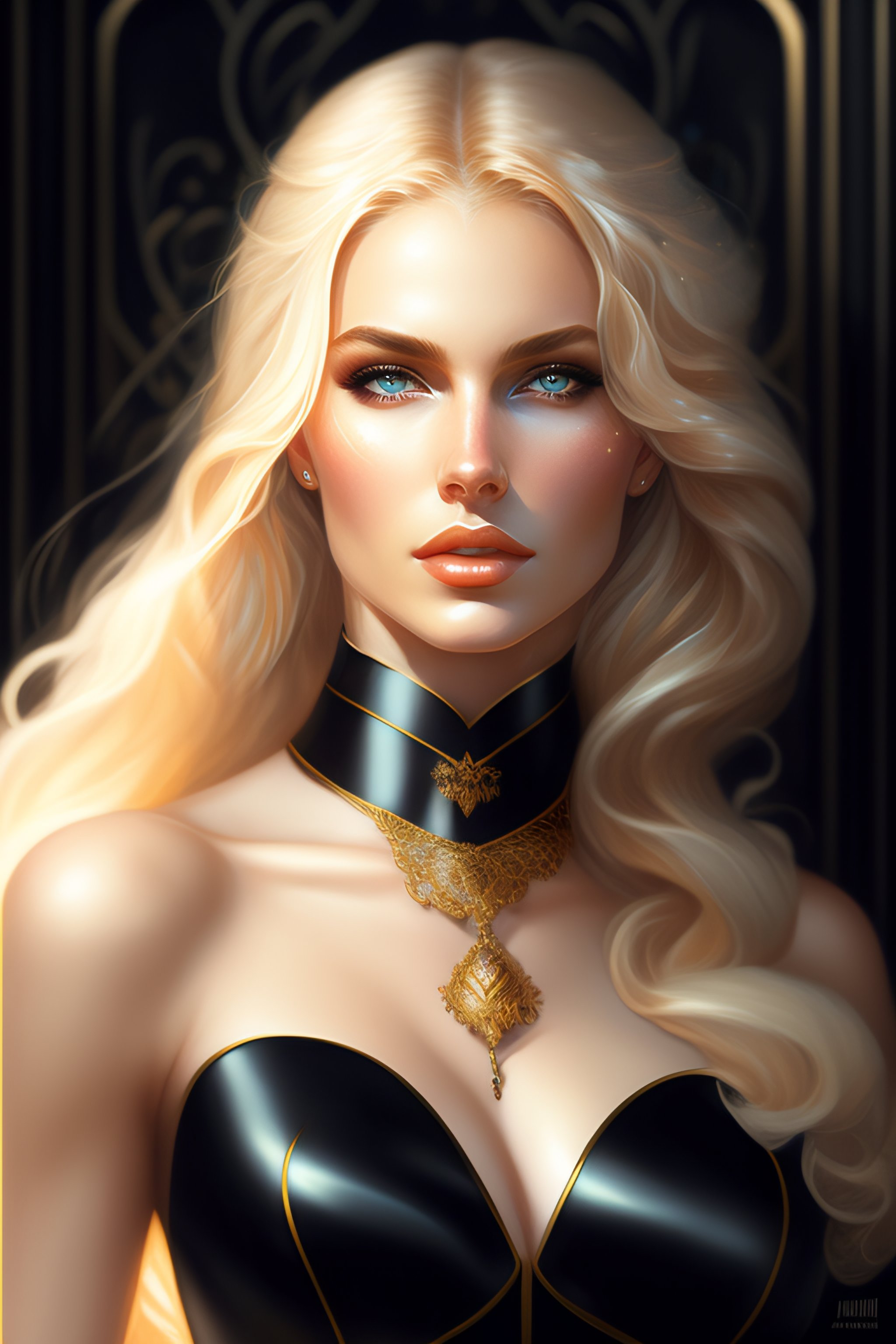 Lexica - Blond woman wearing a black dress, hazel eyes, fantasy magic, dark pin-up style hair ...