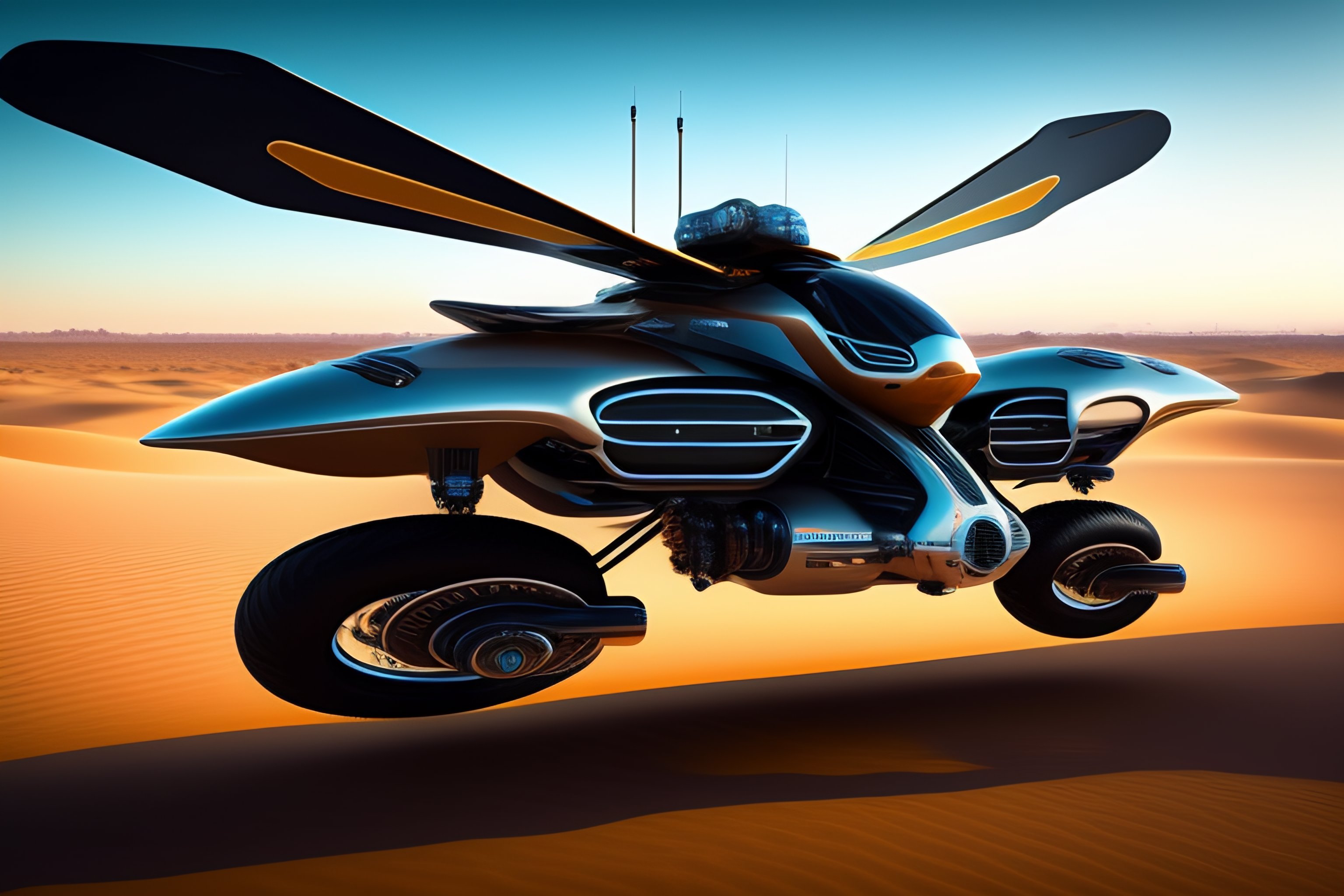 Lexica - Cyberpunk flying bike flying through the desert