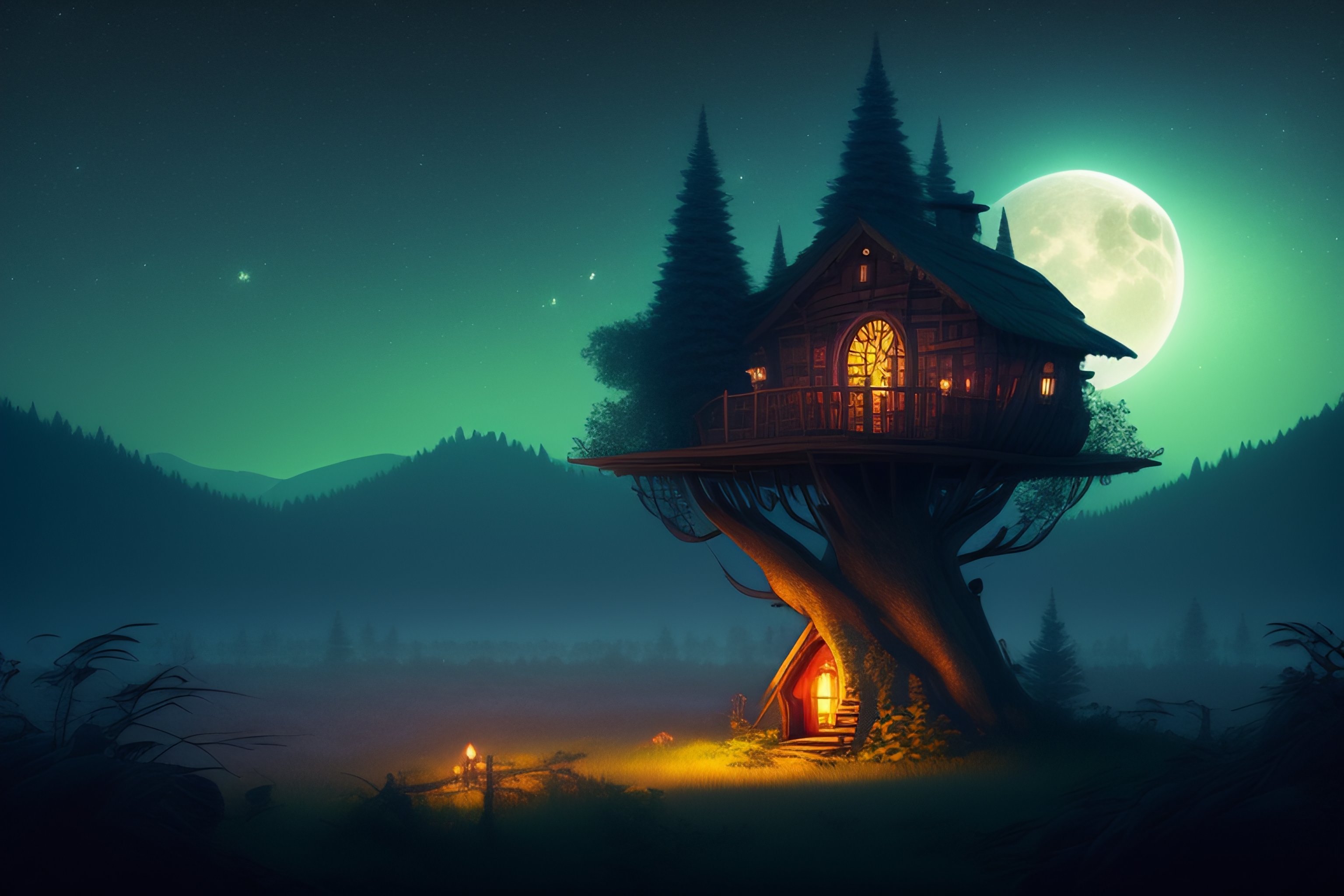 Lexica - A tree house middle of nowhere with bunch of trees in the night in a fantasy world