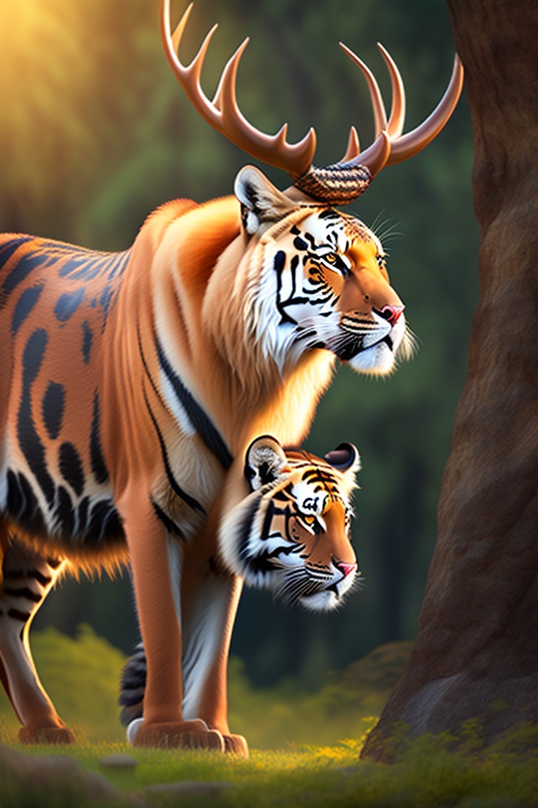 Lexica - Photography print of reindeer and tiger , standing together in ...