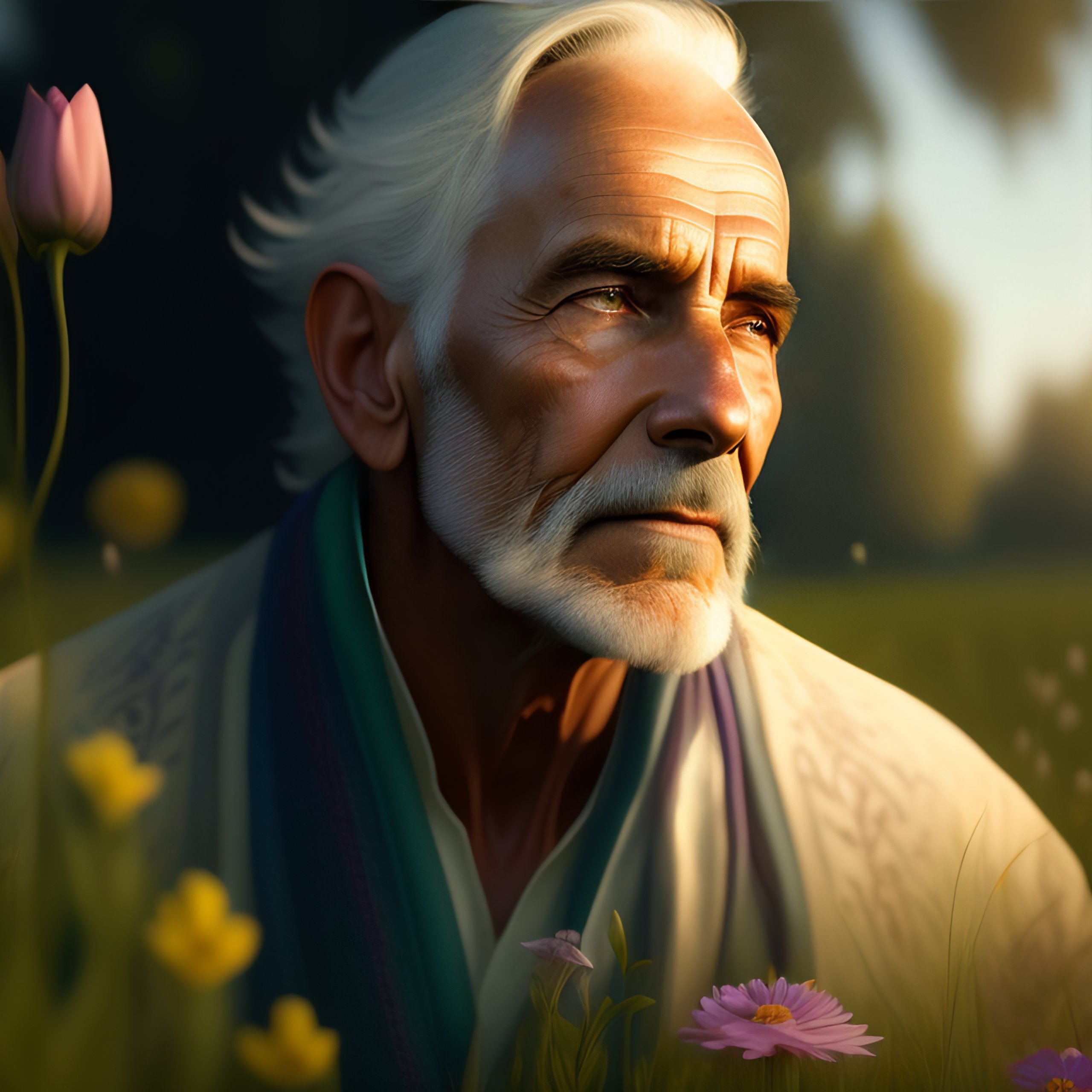 Lexica - Old yogi on a green meadow with flowers, ultra realistic ...