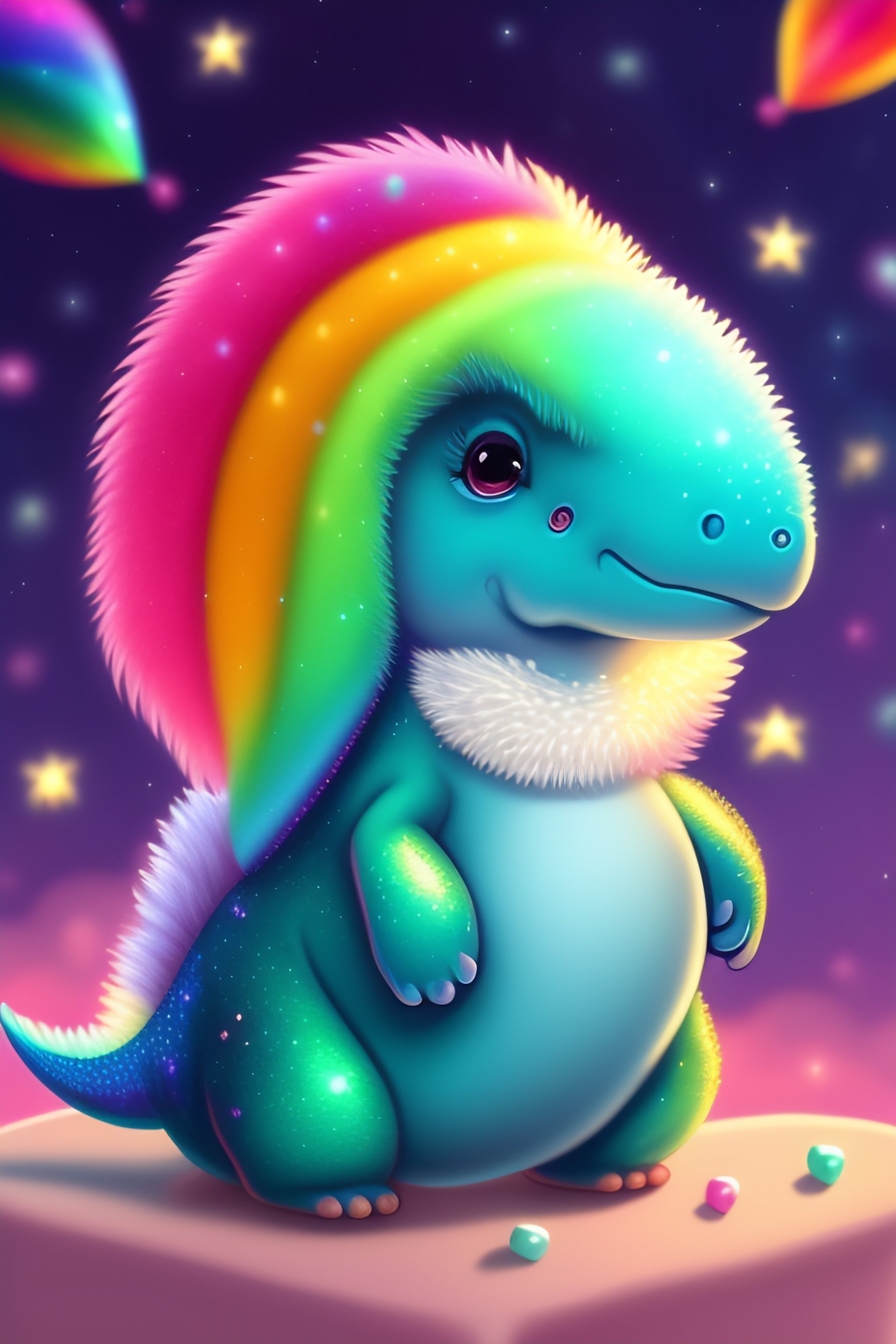 Lexica - CUTE AND cute CARTOON fluffy dinosaur, glitter, rainbow, shiny ...