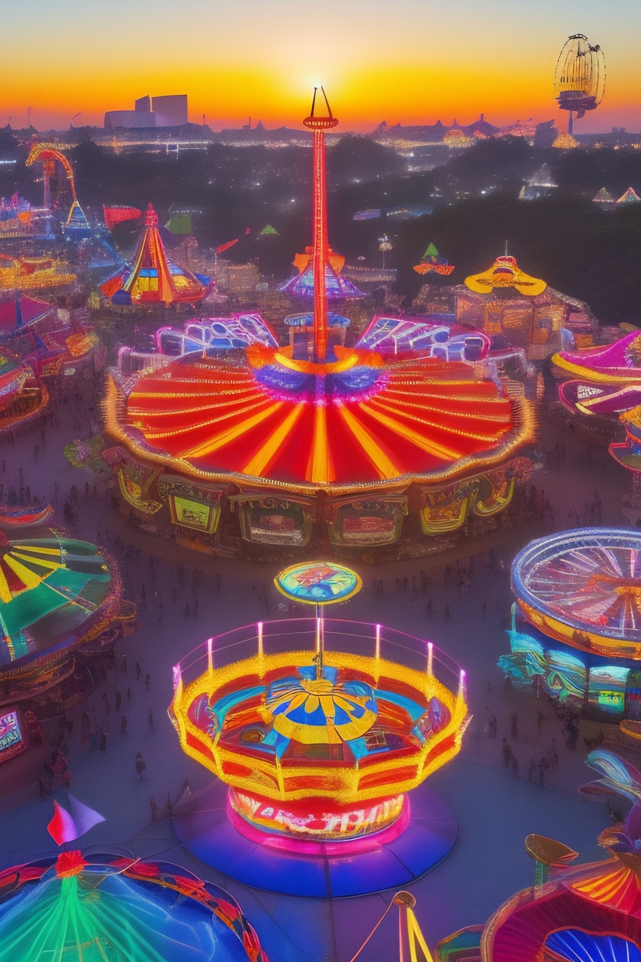 Lexica - An ariel view of fun fair carnival at night with many rides ...