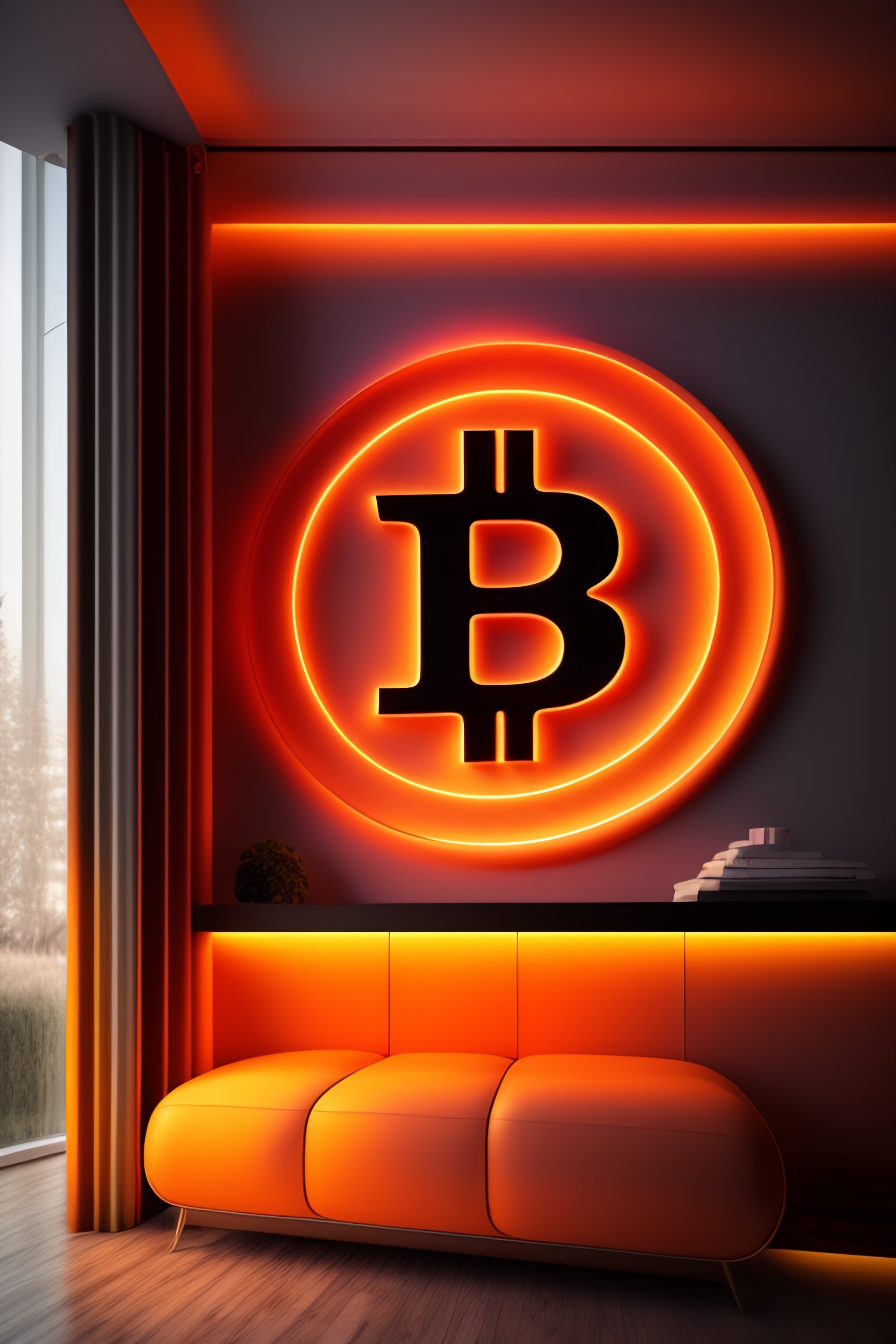 Lexica - Living room with a bitcoin neon light in orange. a bitcoin ...