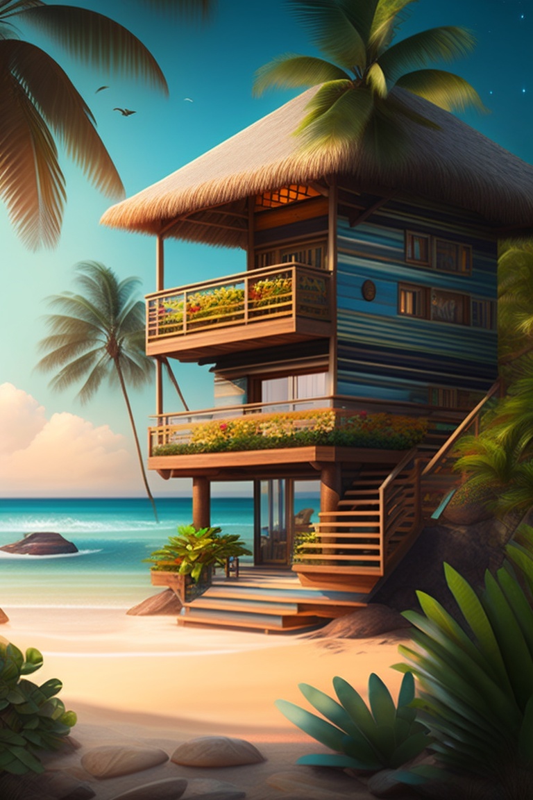Lexica - A beach house, with a surf board, coconut trees, waves