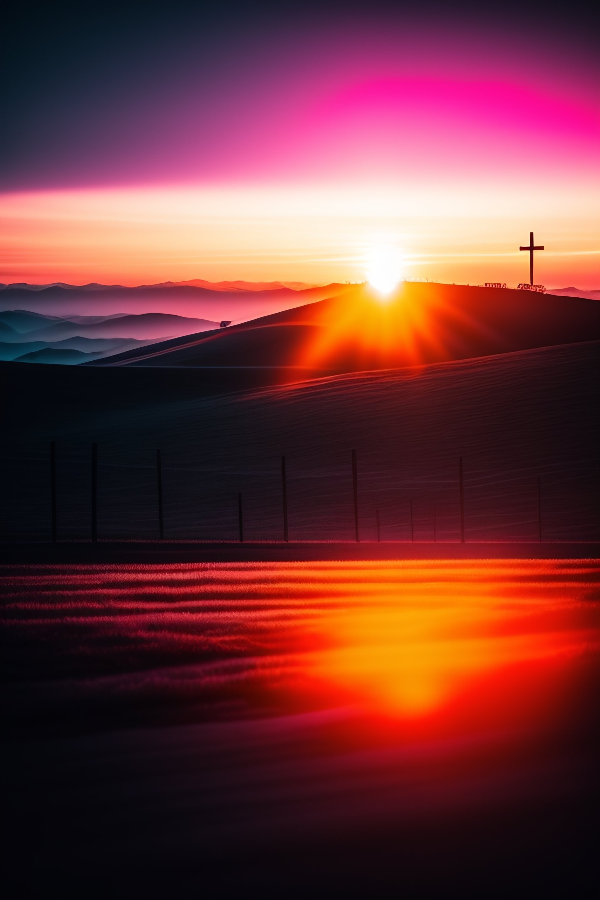 Lexica - Silhouette of three crosses on a dark hill, sun rising behind ...