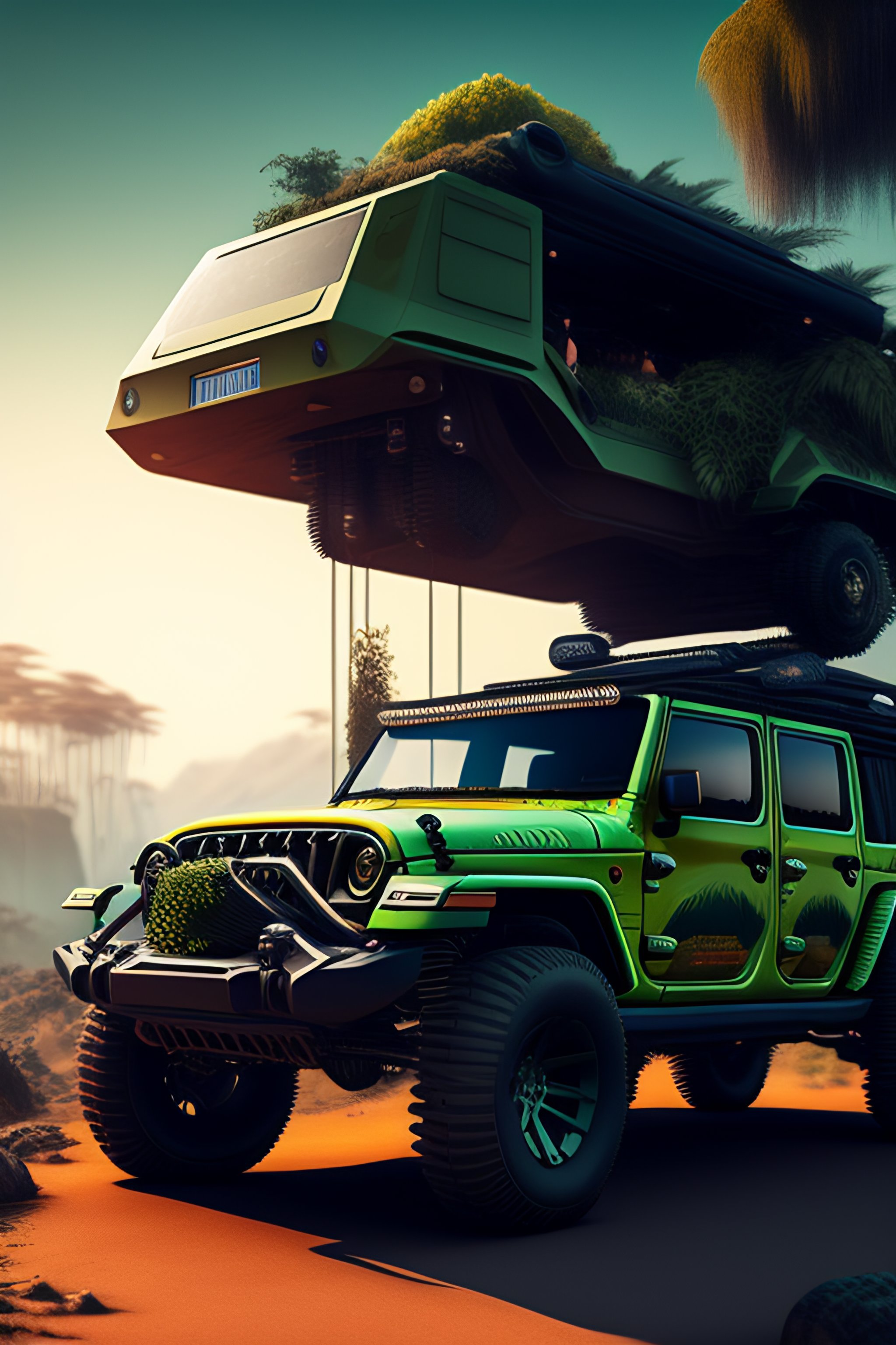 Lexica - Cyberpunk jeep driving through the jungle