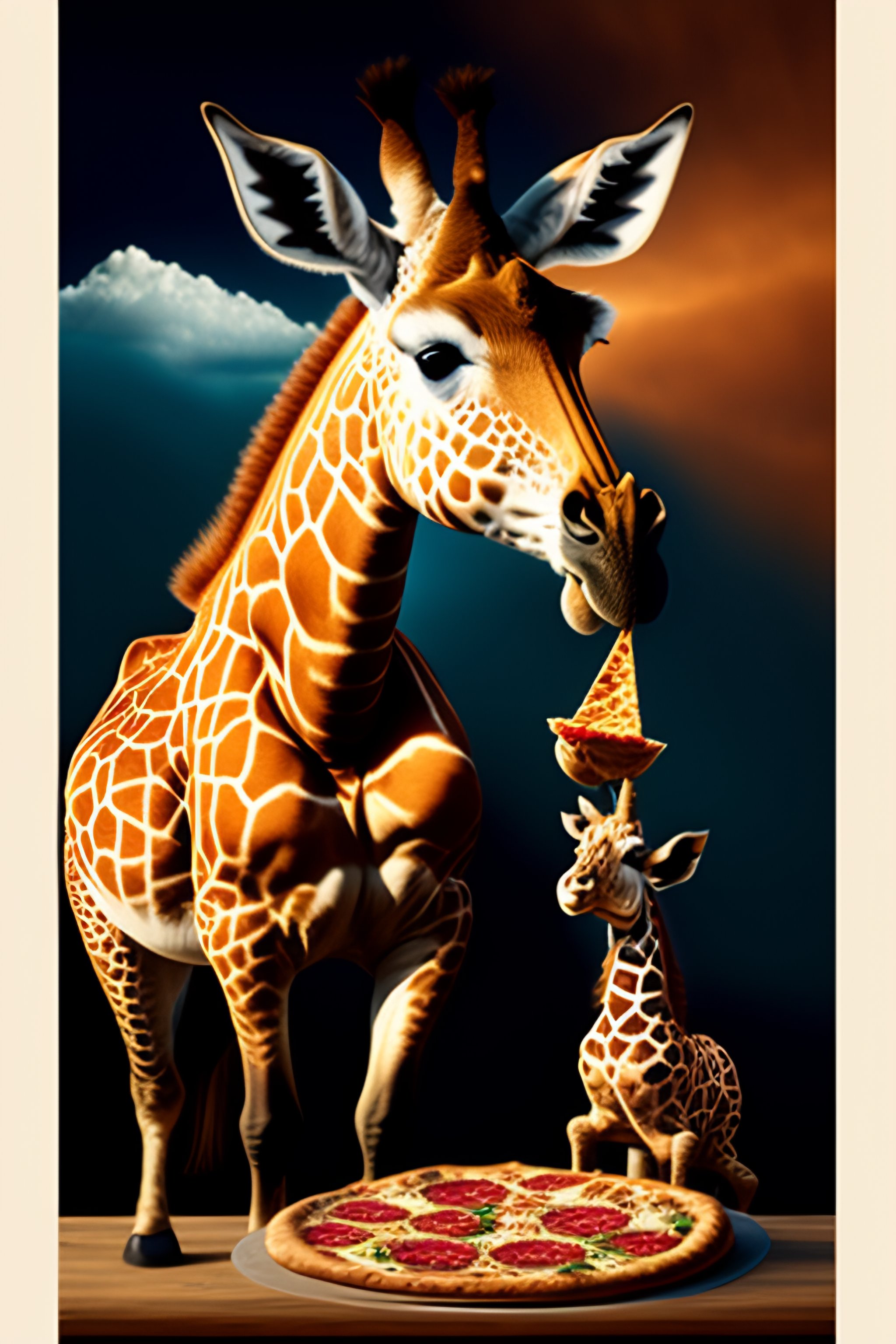 Lexica - Donkey Kong over a giraffe while both eat pizza