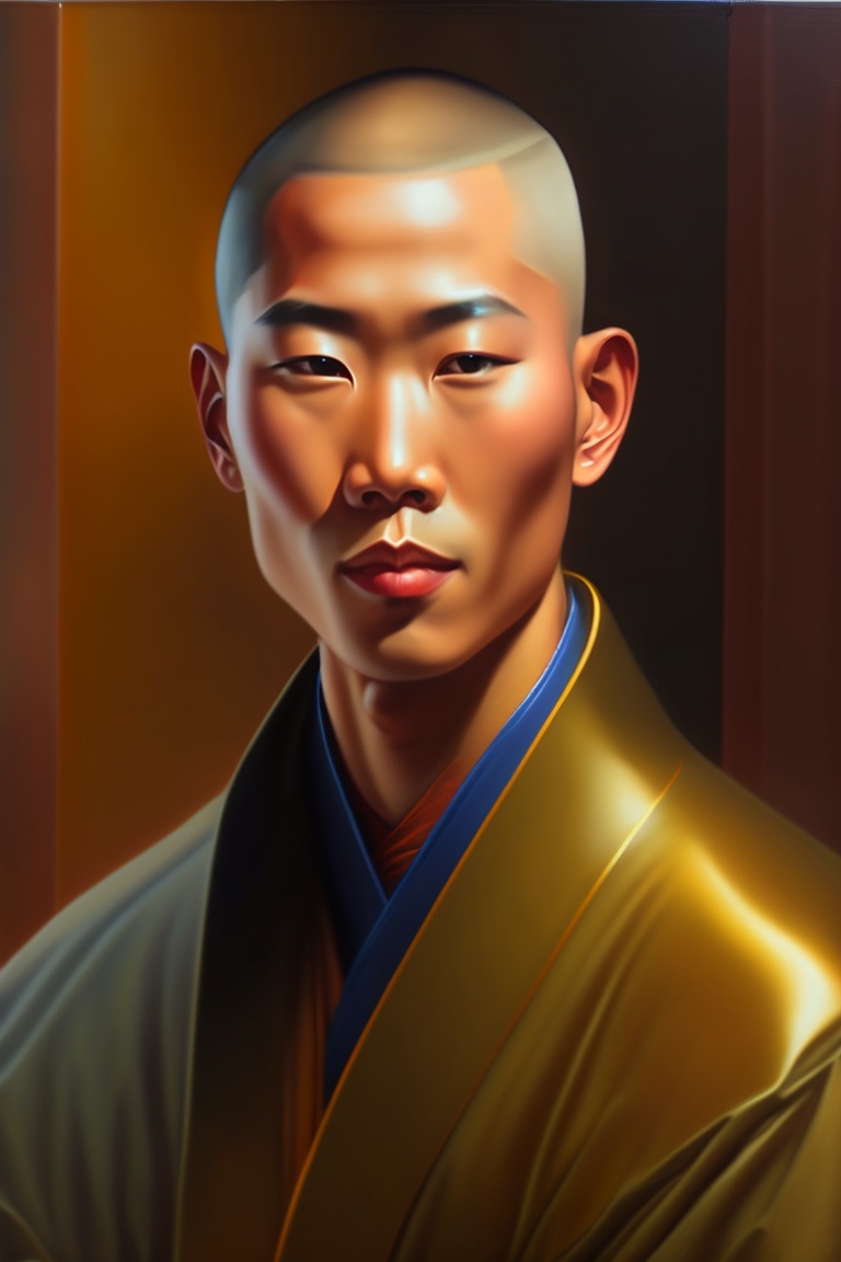 Lexica - Oil paiting of a chinese monk, temple,nack crane,no hair