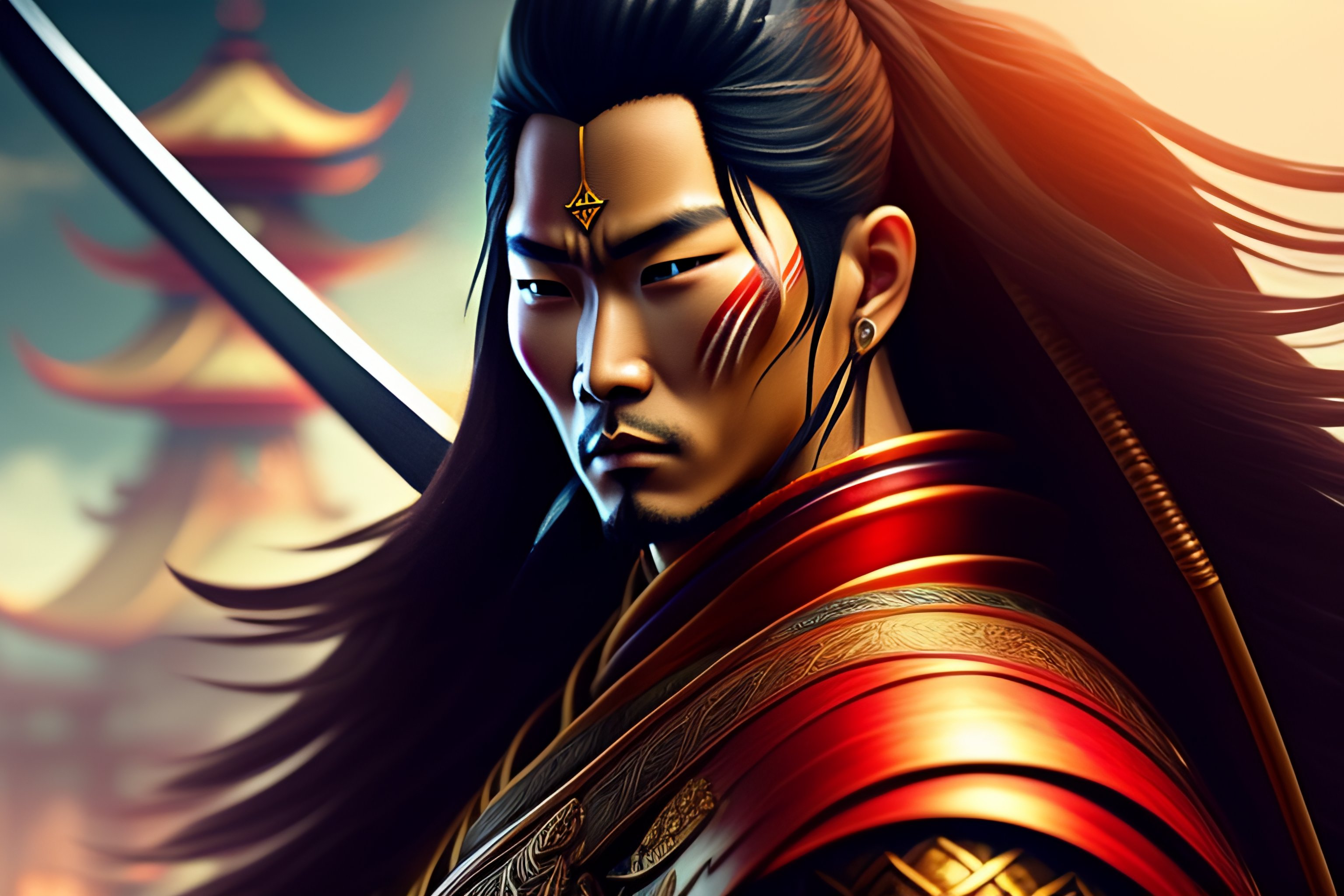 Lexica - 2d style, samurai, with war background, character, big picture ...