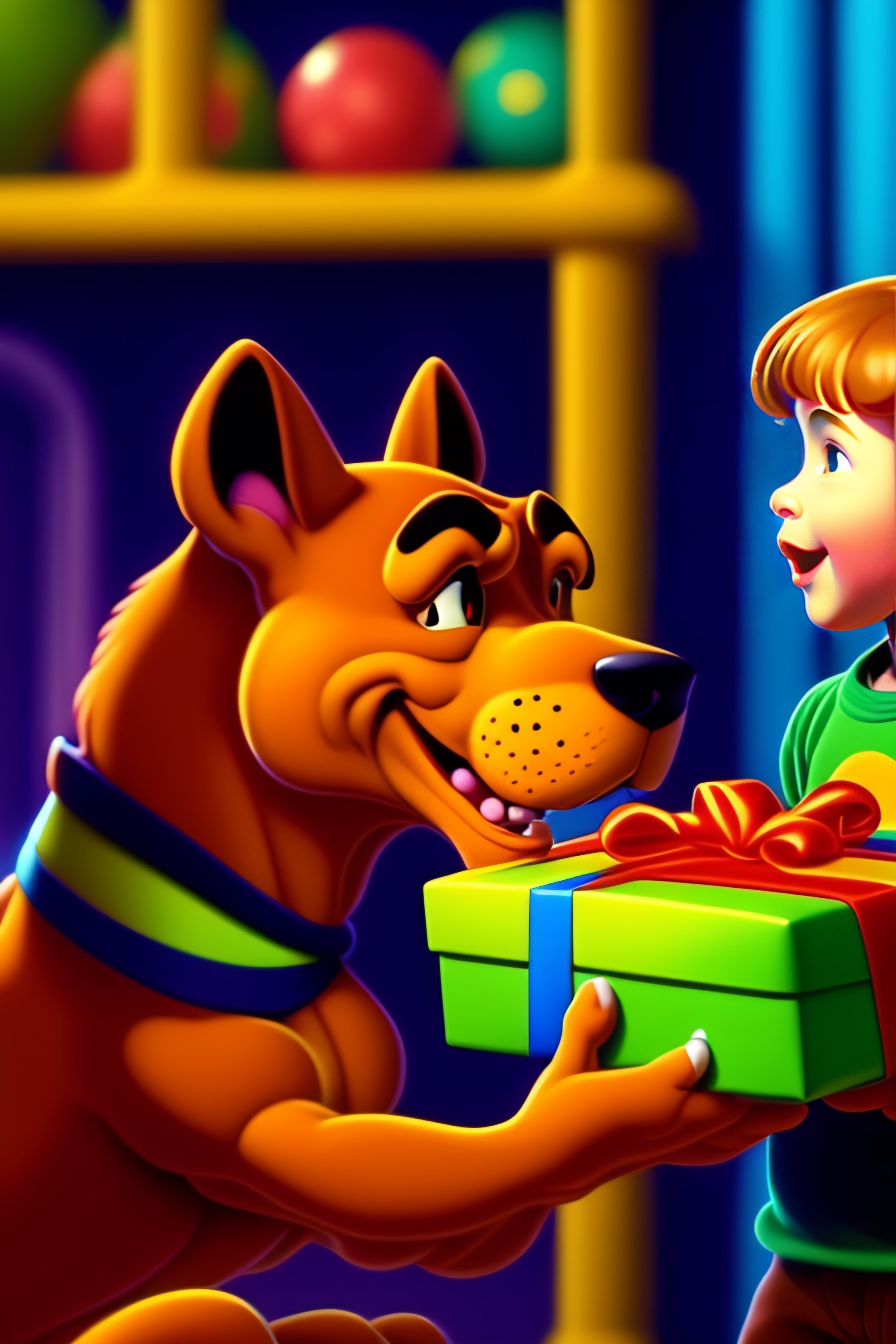 Lexica - Scooby doo opening a present, with child, realistic, cinematic